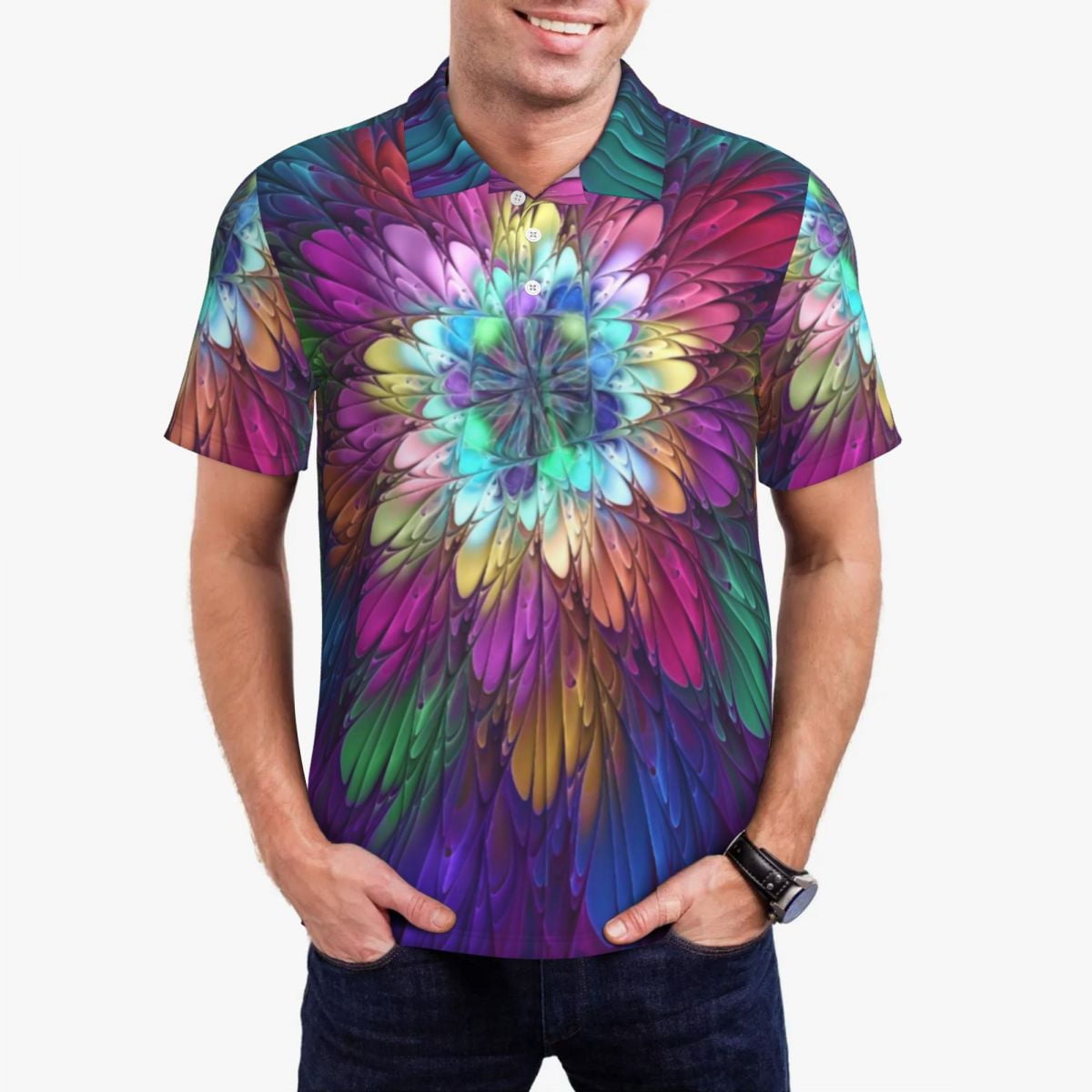 Fractal Flower Print Casual T-Shirts Abstract Modern Art Polo Shirts ...