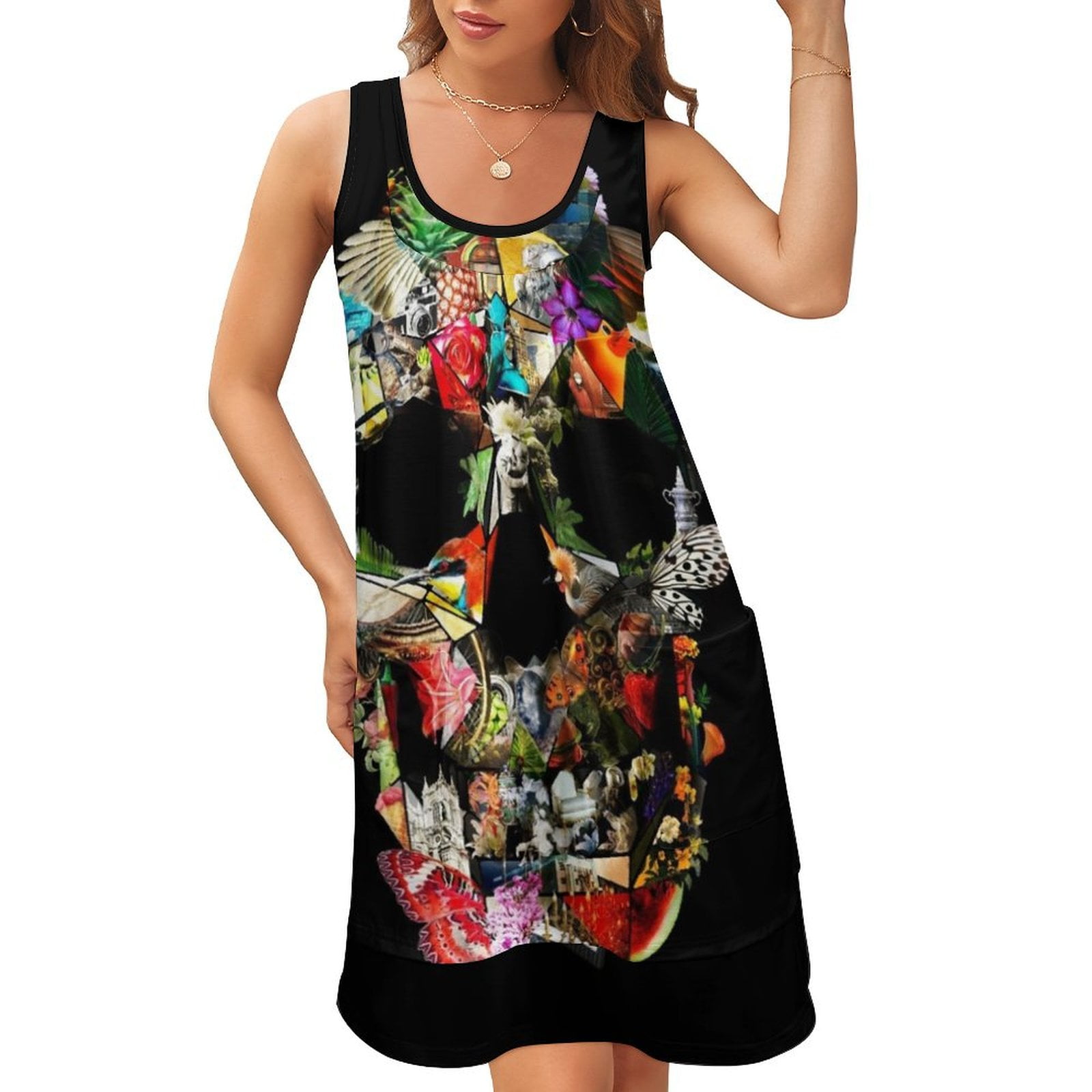 Fragile Skull 2 Sleeveless U-Neck Fake Two Piece Dress womens clothing ...