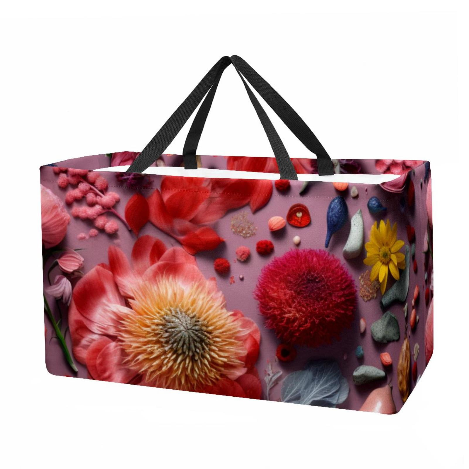 Fragmented Flowers Collapsible Bucket Tote Bag Shopping Basket Oxford Cloth Picnic Basket with ...