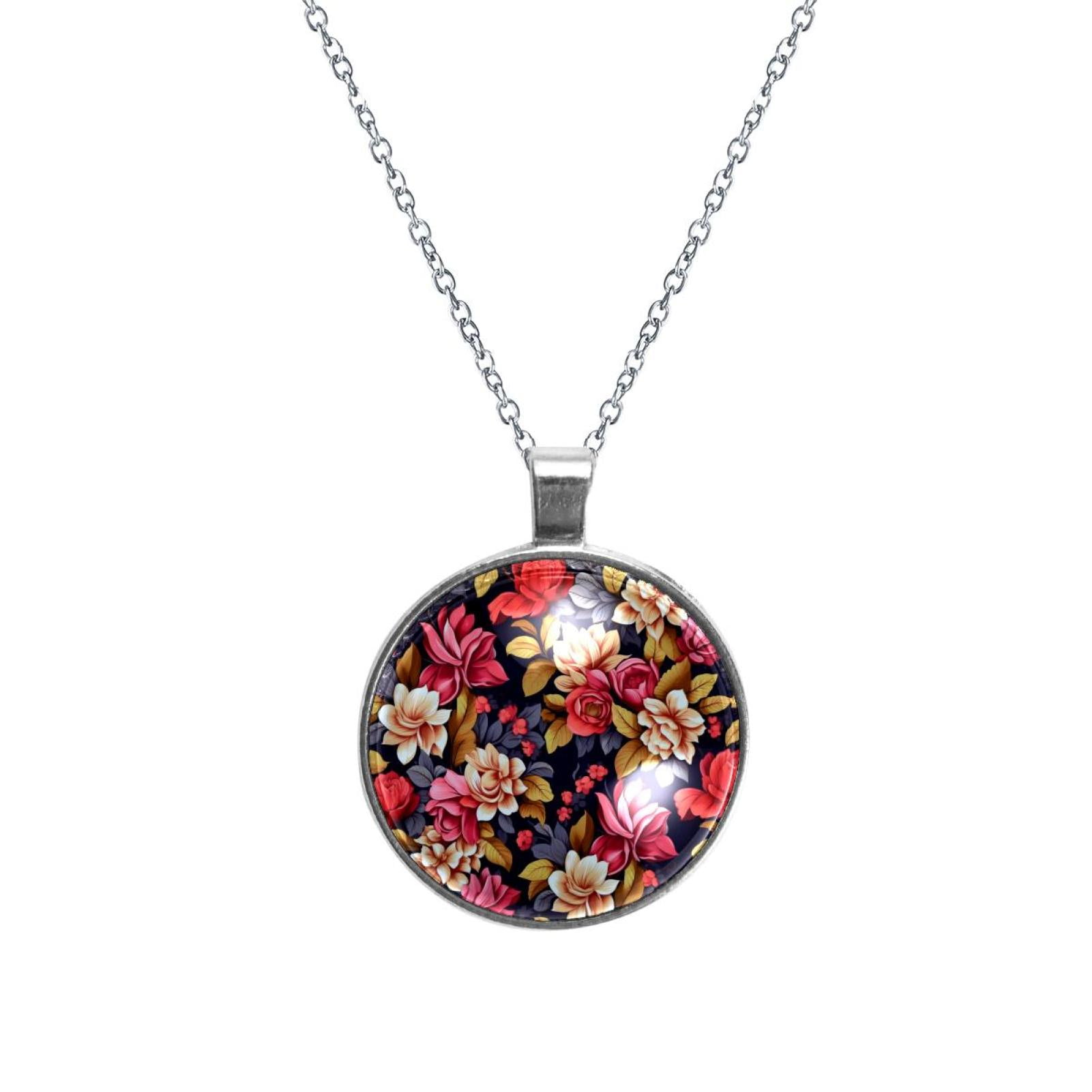 Fragmented Flowers Elegant Glass Design Womens Necklace Circle Pendant ...