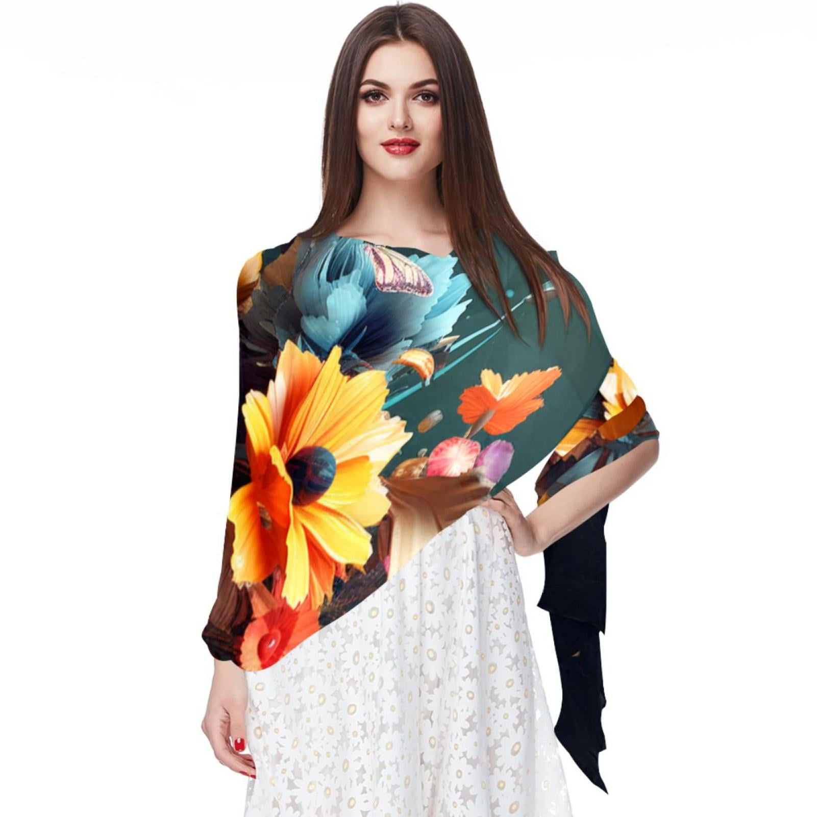 Fragmented Flowers Elegant Silk Scarf - Translucent Chiffon Yarn ...