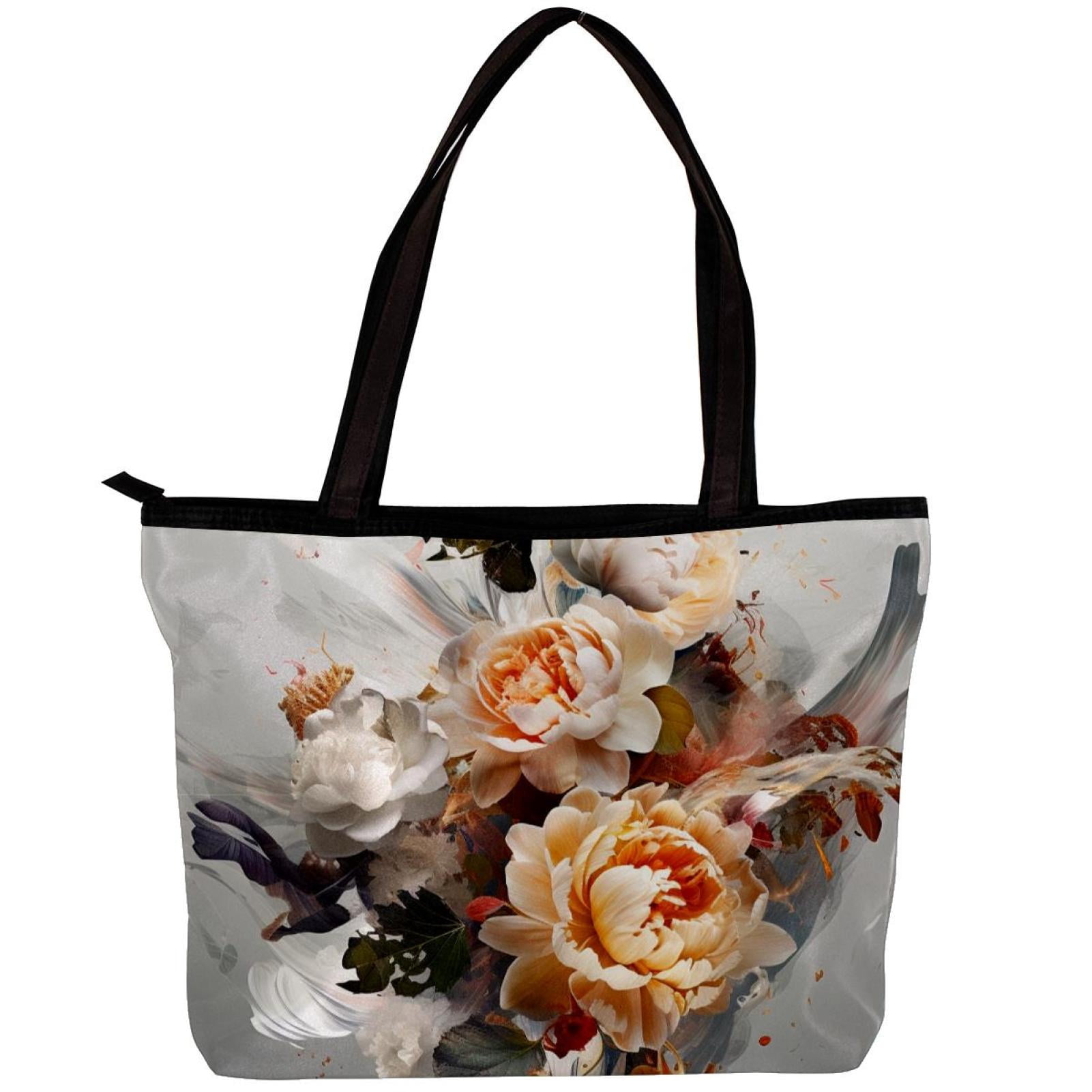 Fragmented Flowers Hand-Held Canvas Leather Mix Tote Bag with Twill ...