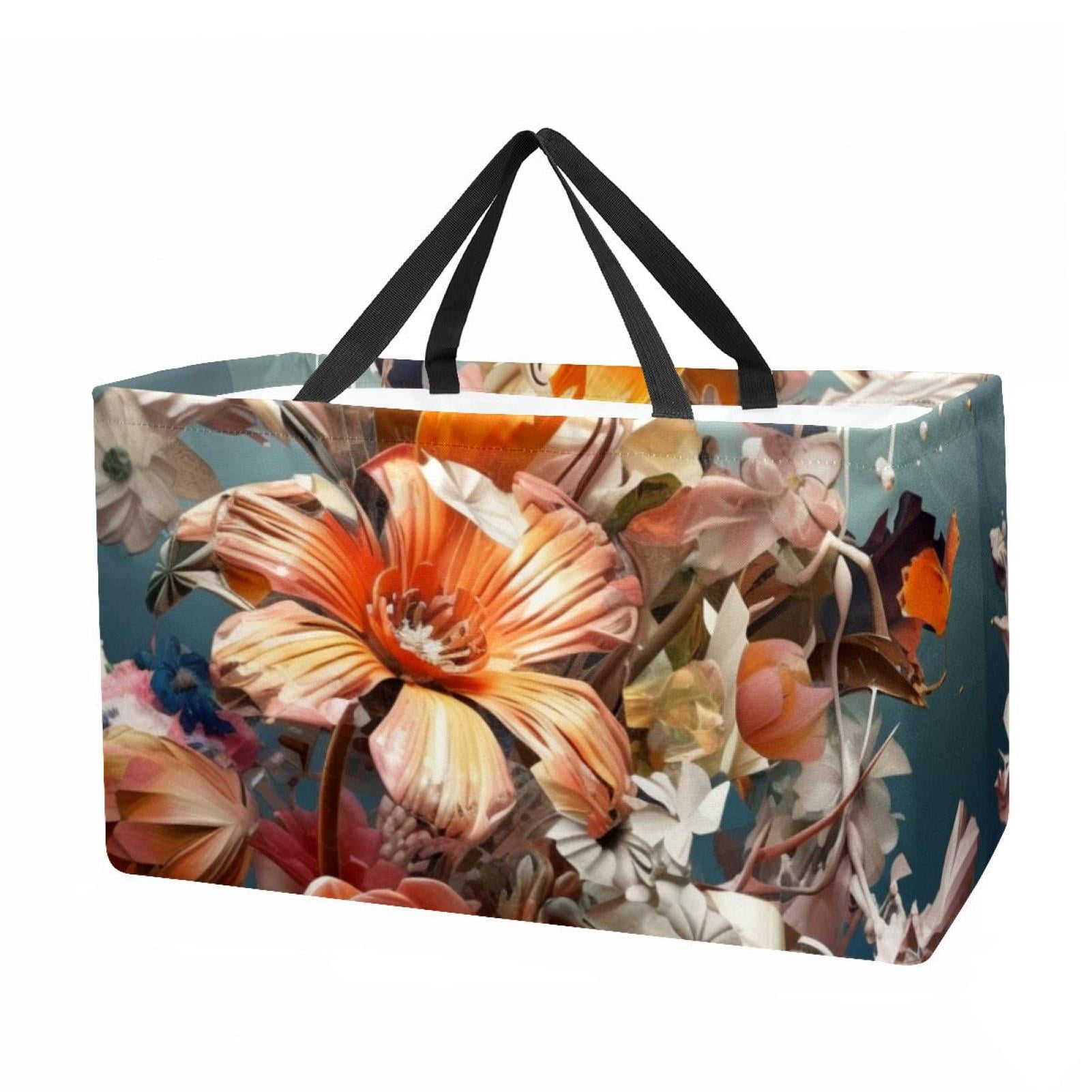 Fragmented Flowers Large Capacity Reusable Foldable Beach Bag with Collapsible Bucket, Cube ...