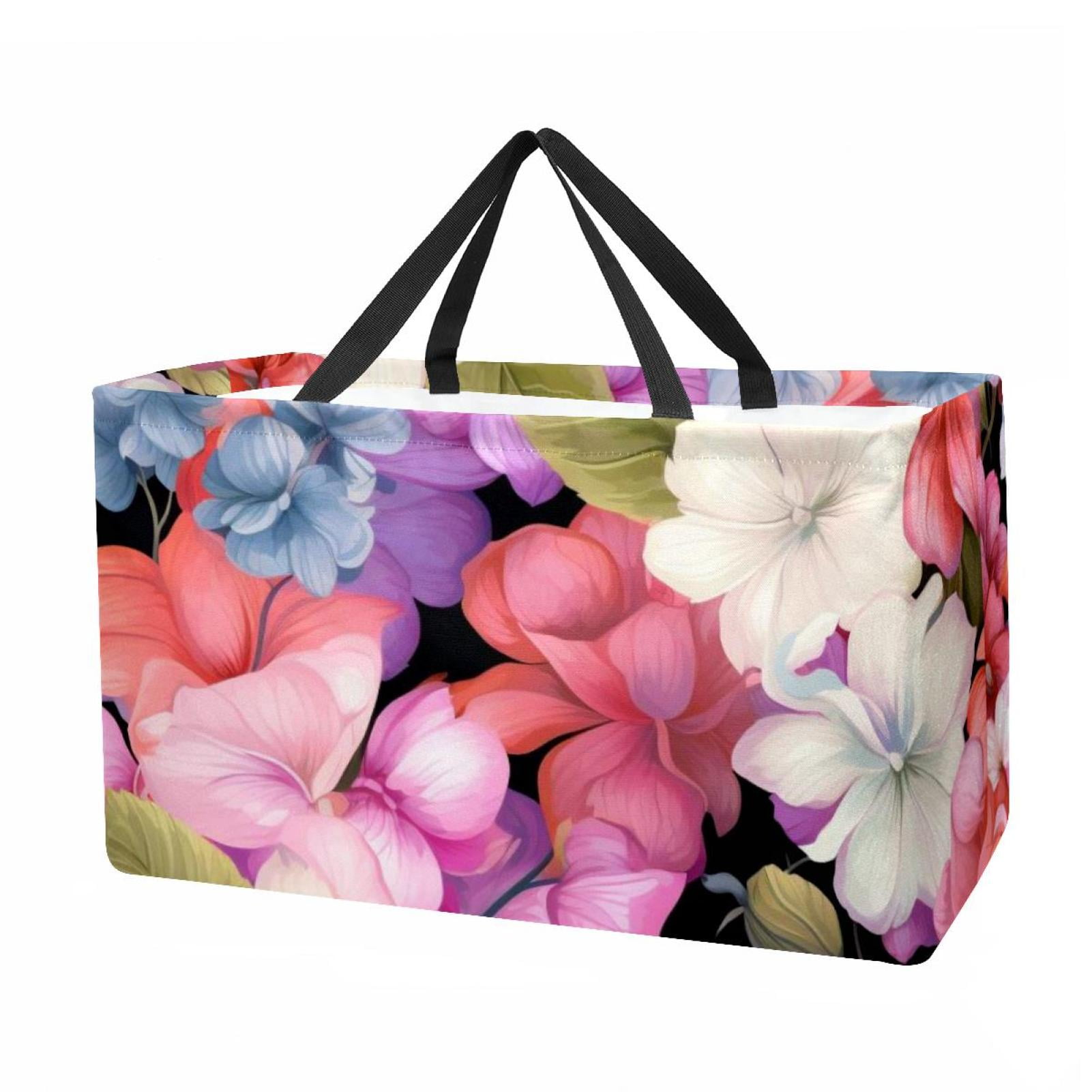 Fragmented Flowers Reusable Foldable Laundry Basket Large Capacity Oxford Cloth Grocery Bags ...