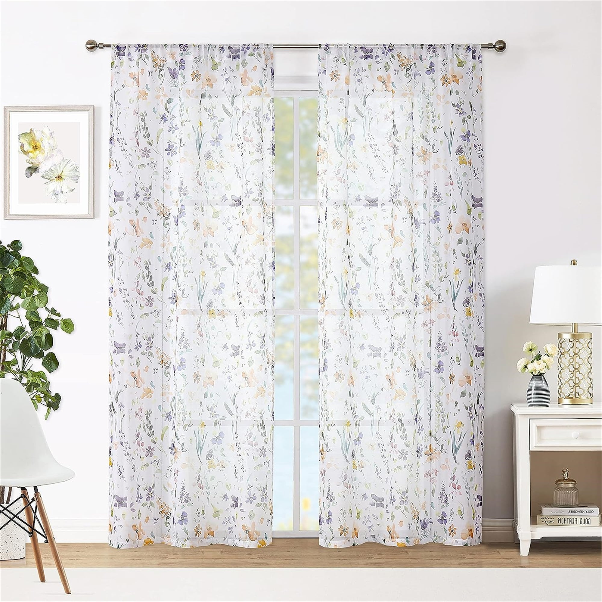 "Fragrantex Lavender Elegant Floral Sheer Curtains, Watercolor Purple ...
