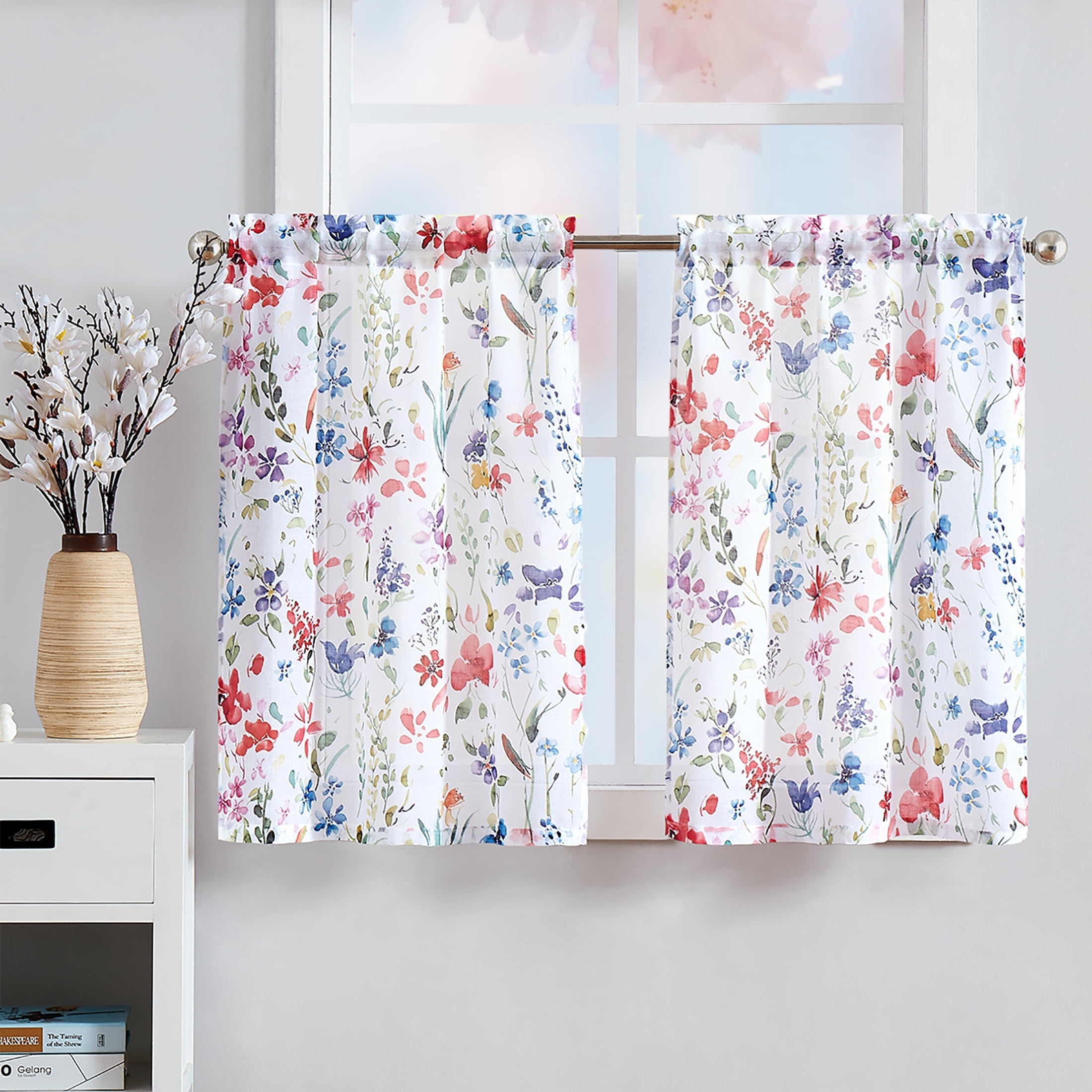 Fragrantex Floral Print Semi-Sheer Kitchen Curtains, 24 inch, 2 Panels ...
