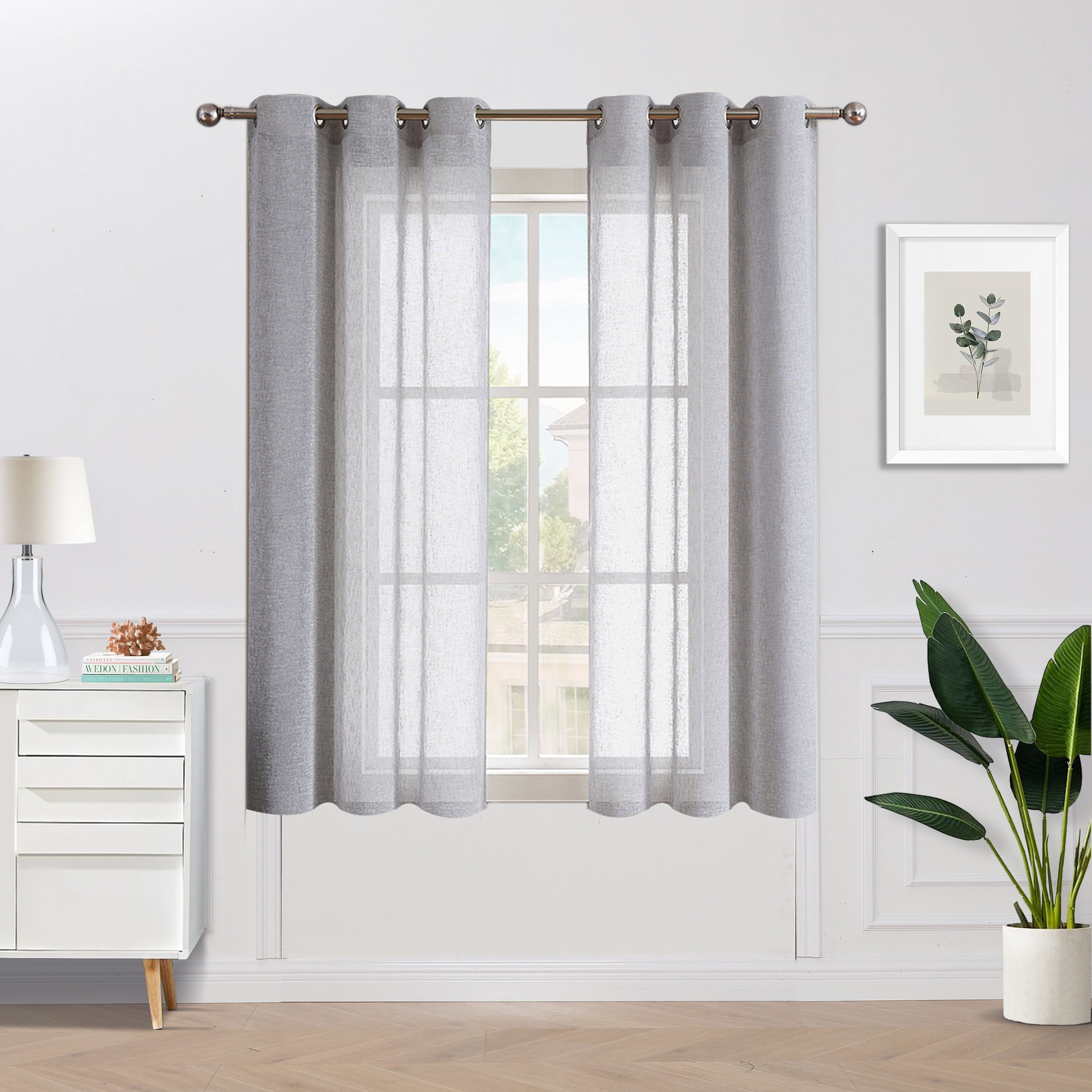 "Fragrantex Light Filtering Semi Sheer Window Drapes, Gray Faux Linen 40""Wx54""L, Grommet Top ...