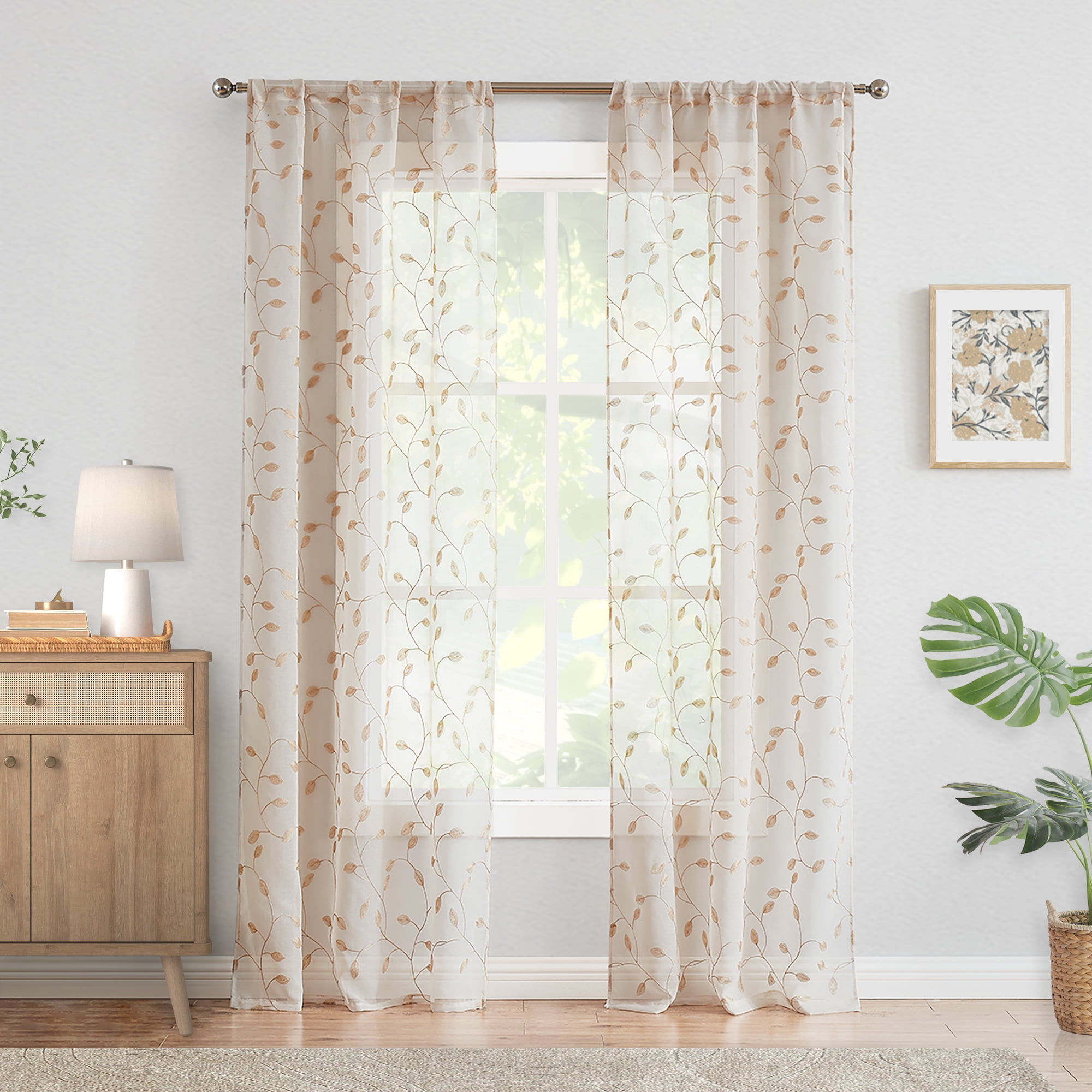 Fragrantex Linen Embroidered Leaf Christmas Sheer Curtains for Living ...