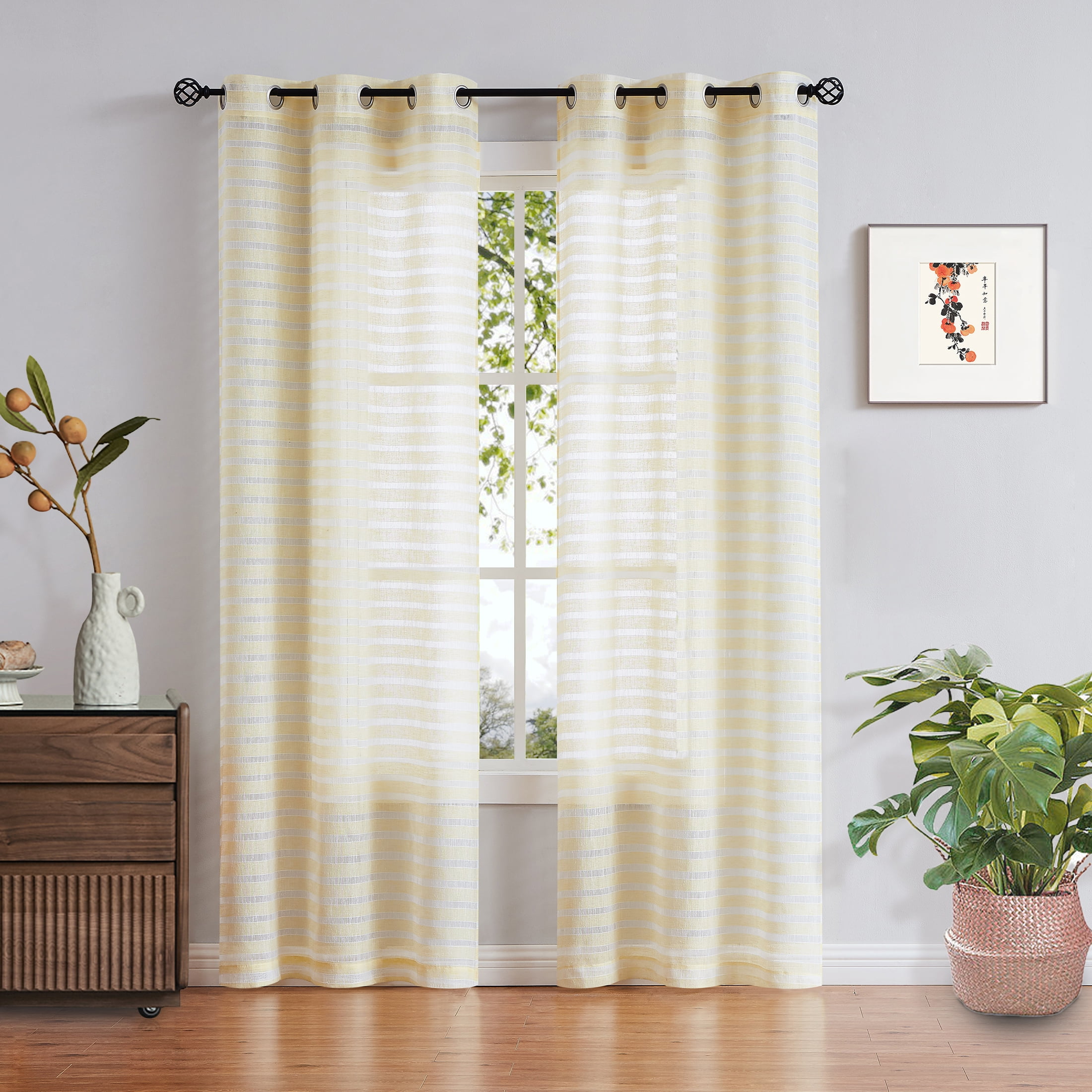 Fragrantex Sheer Horizontal Striped Yellow Curtains 95 inch Long for ...