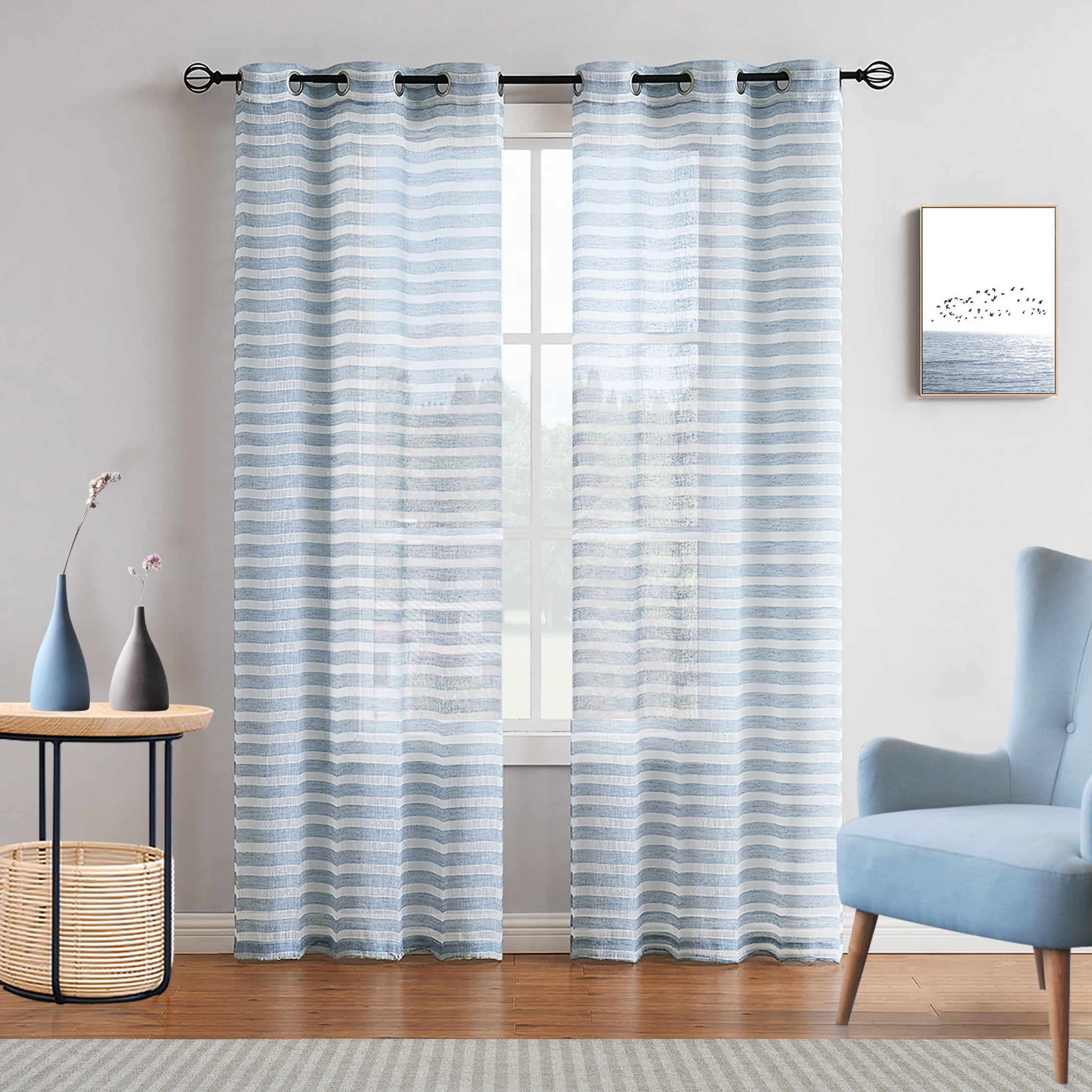 Fragrantex Striped Sheer Long Curtains for Living Room/Patio Linen ...