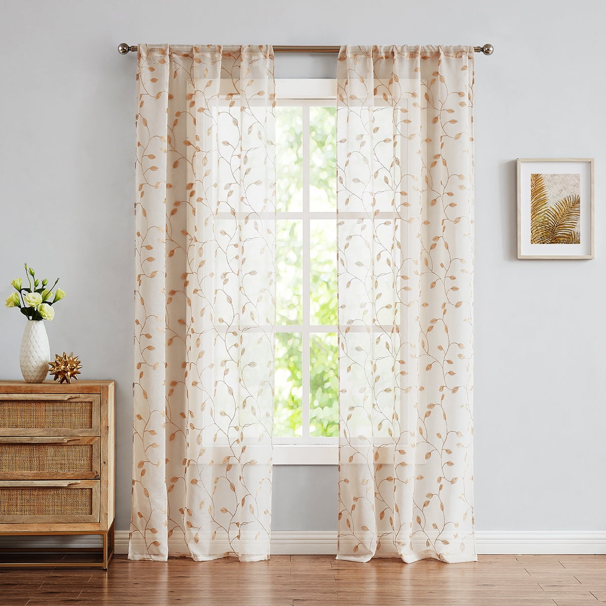 "Fragrantex Embroidered Sheer Curtains 63"" Floral Leaf, Rod Pocket ...