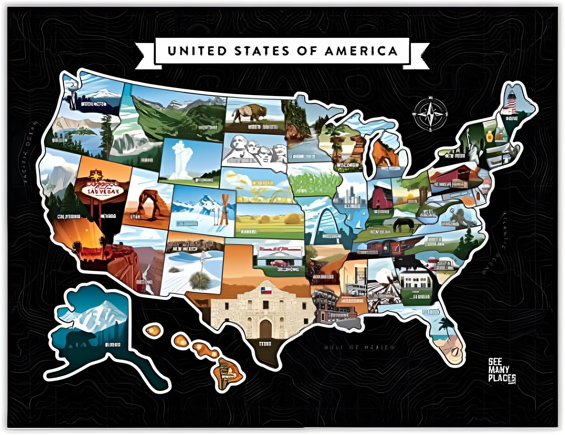 SEE MANY PLACES Travel Map of USA Framed Poster - Walmart.com