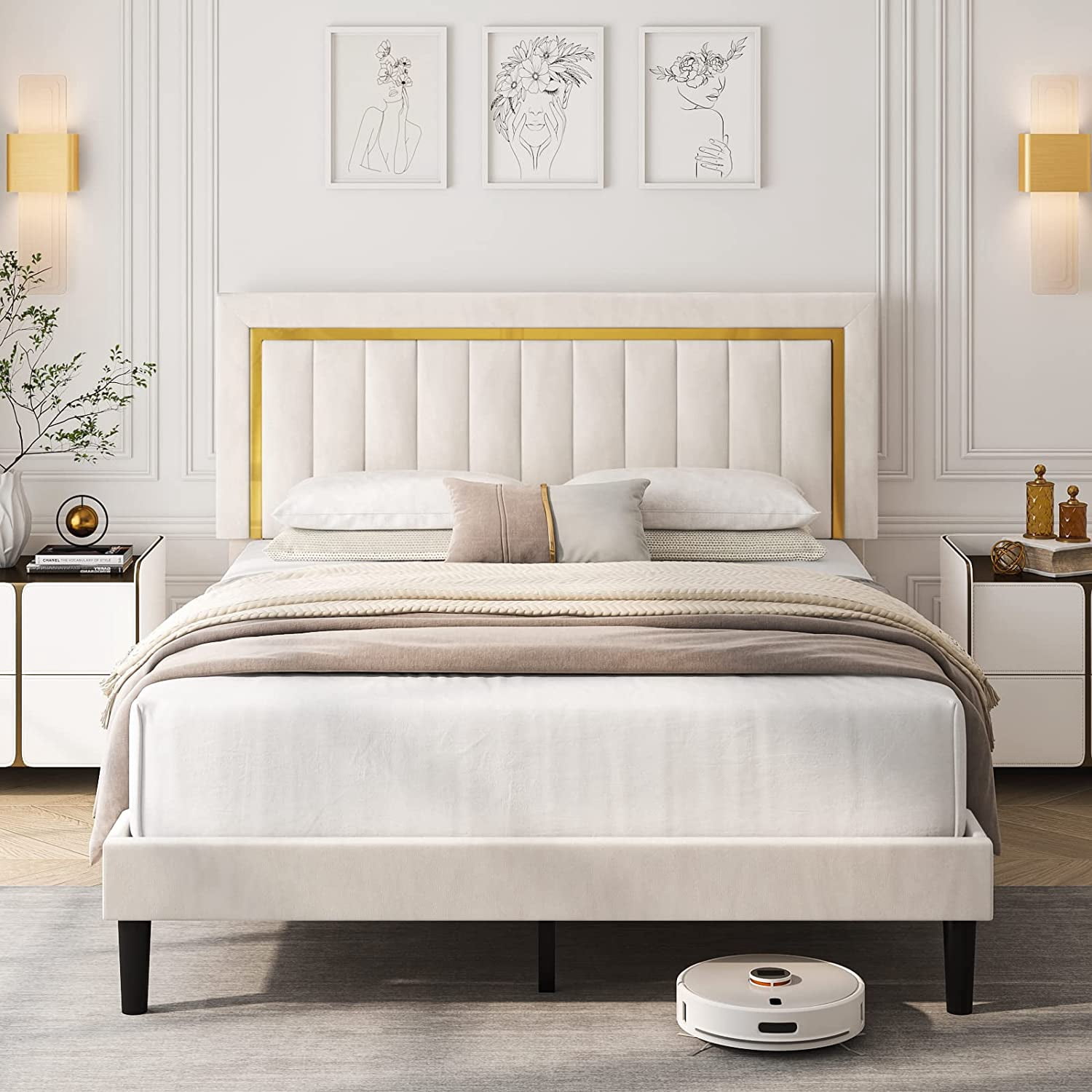 Frame with Adjustable Tufted Headboard Velvet Upholstered Platform Bed ...