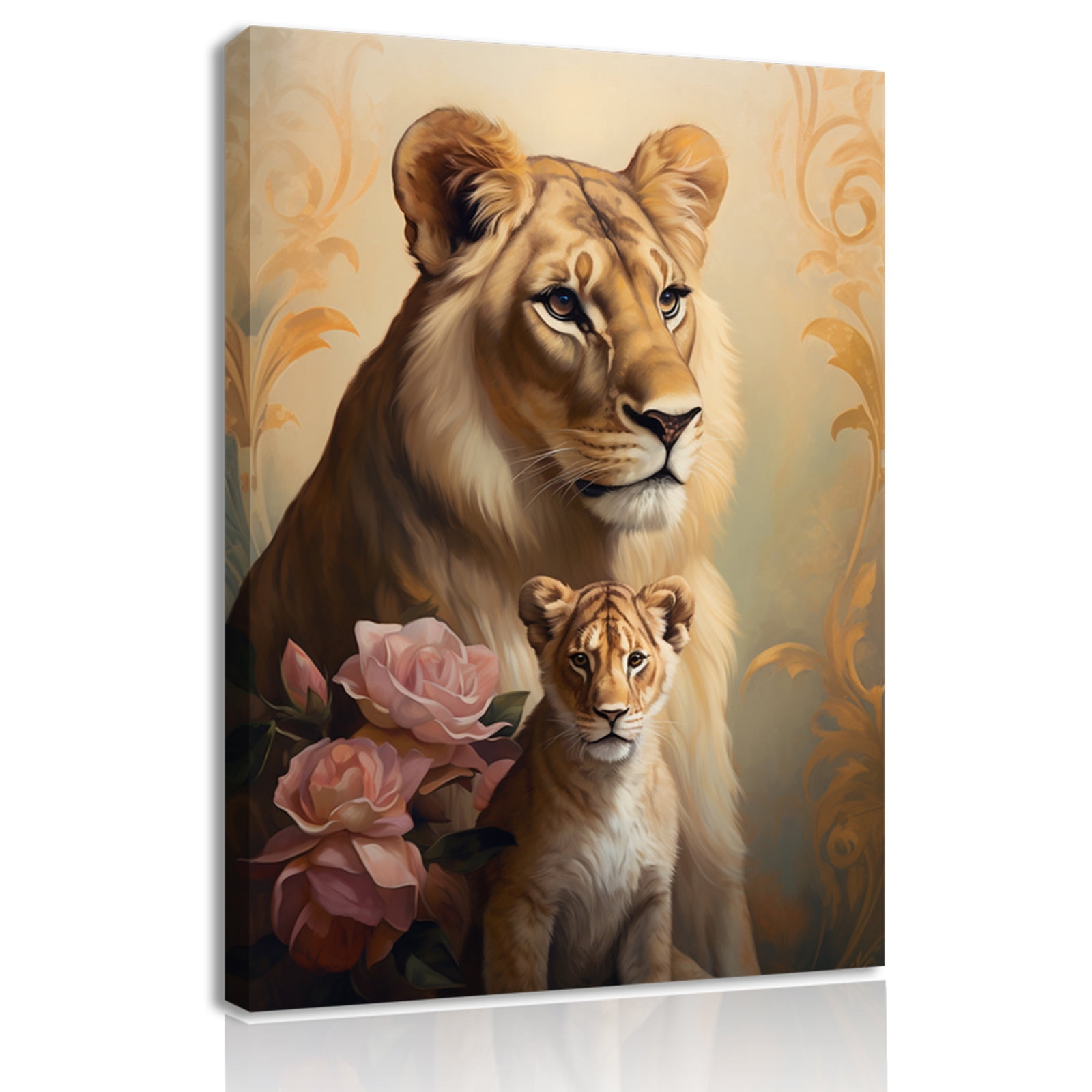 Frame Lion and Lioness Wall Art Pink Rose Flower Picture Lion Animal ...
