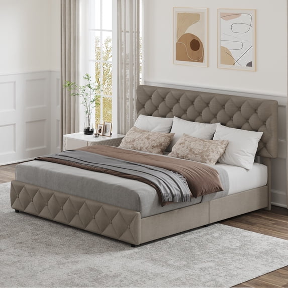 Frame with 4 Storage Drawers, Faux Leather Upholstered Platform Bed ...