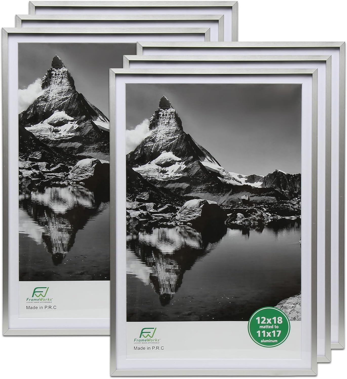 FrameWorks 6-Pack 12”x18” with 11”x17” Mat – Silver Deluxe Modern Aluminum Picture Frame with ...