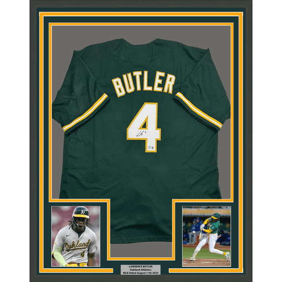 Framed Autographed/Signed Lawrence Butler 35x39 Oakland Green Baseball ...