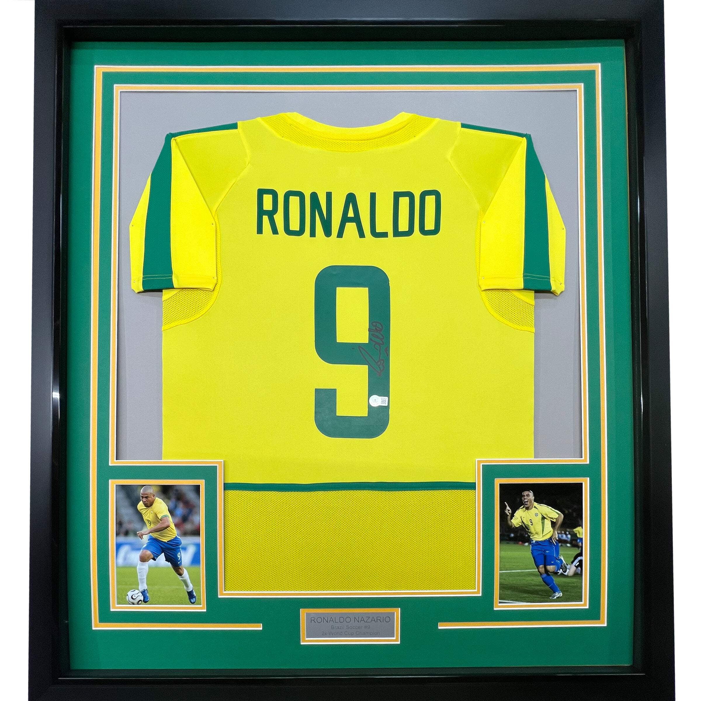 Framed Autographed/Signed Ronaldo Nazario 35x39 Brazil Yellow Soccer ...