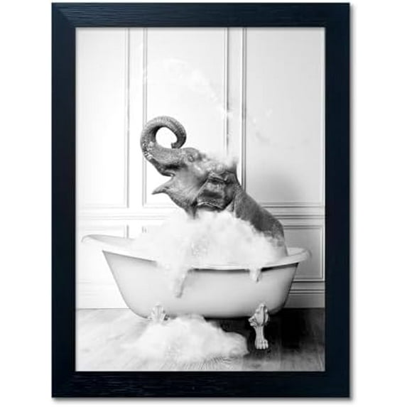 Framed Bathroom Art Wall Decor Elephant in Bathtub Decor Funny Black ...