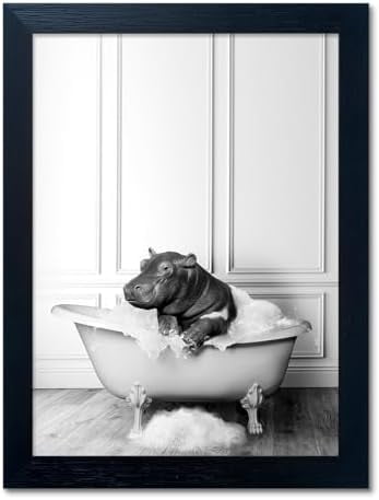 Framed Bathroom Decor Wall Art Black and White Canvas Print Cute Hippo ...