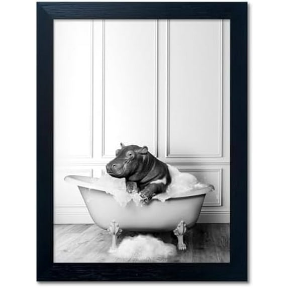 Framed Bathroom Decor Wall Art Black and White Canvas Print Cute Hippo ...