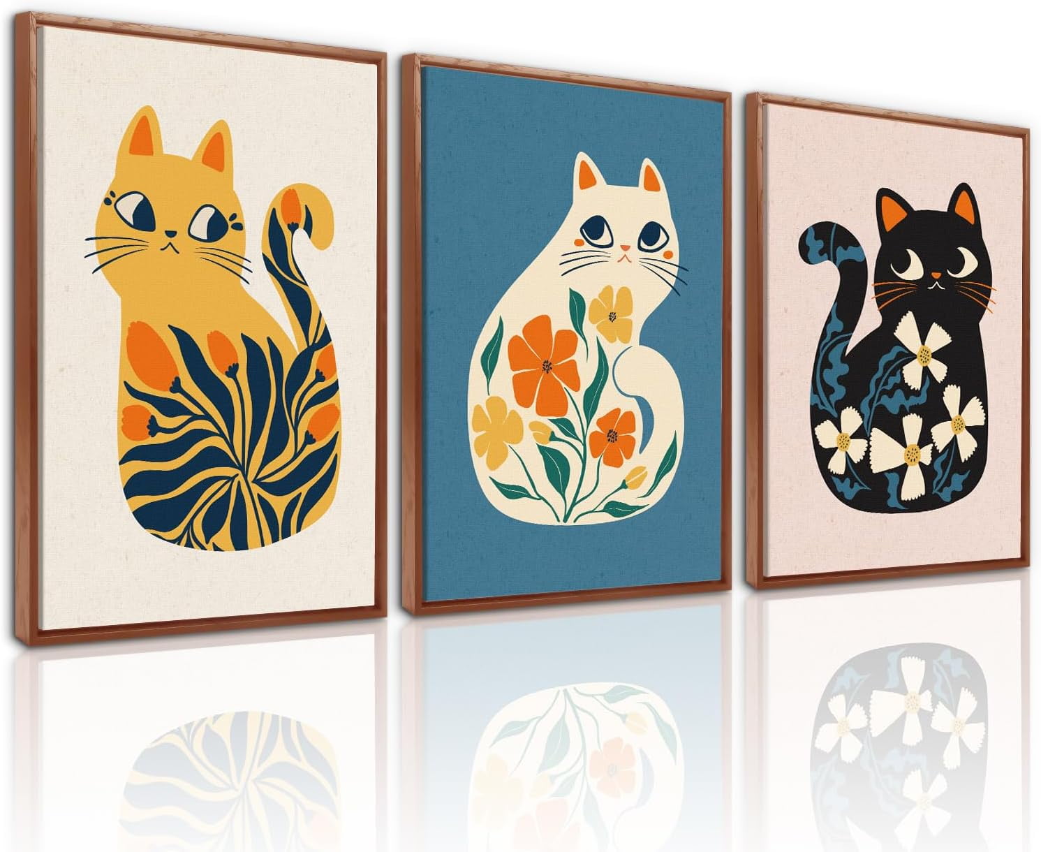 Framed Boho Cats Art Print Set of 3(12”X16”)Vintage Floral And Cats ...