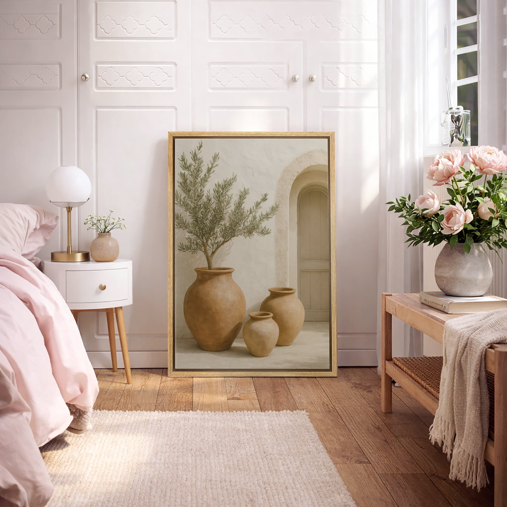 Framed Canvas Print Olive Tree with Terracotta Pots Wall Art Neutral ...