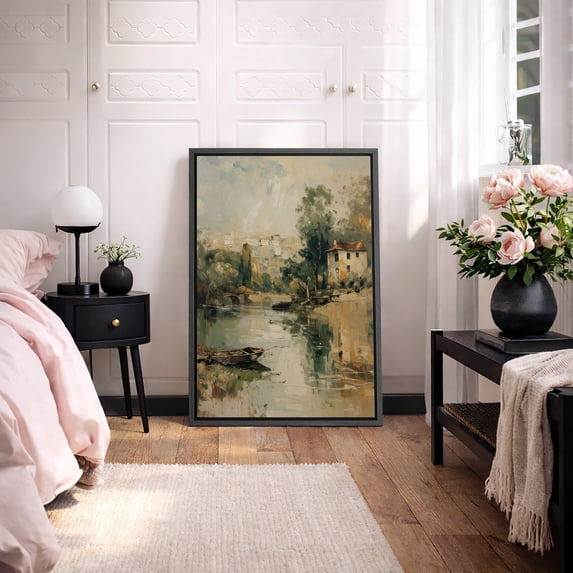 Framed Canvas Print Wall Art Riverside Village Landscape Print Classic ...