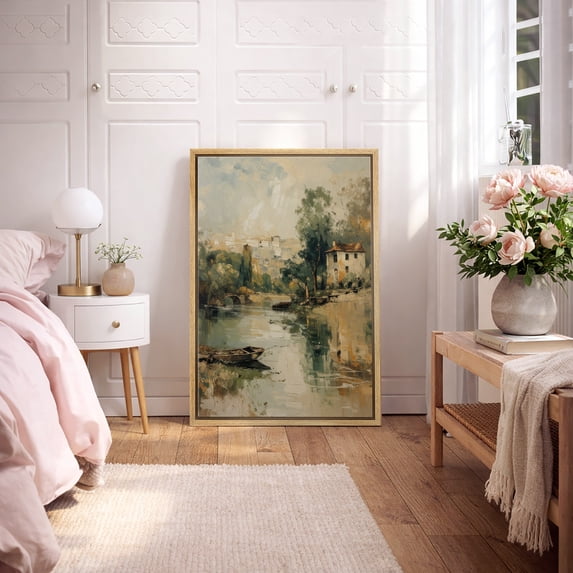Framed Canvas Print Wall Art Riverside Village Landscape Print Classic ...