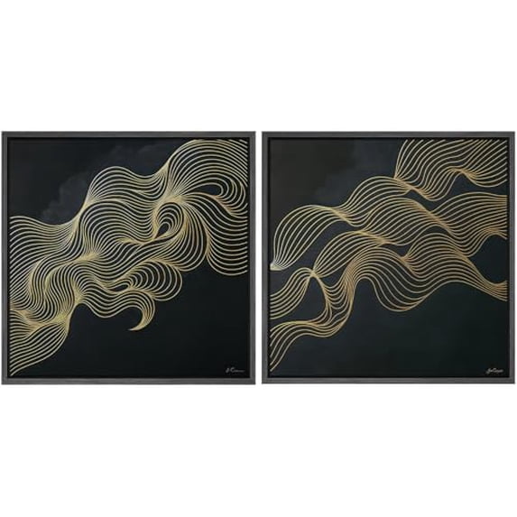 Framed Canvas Print Wall Art Set Black and Gold Line Abstract Elegant ...