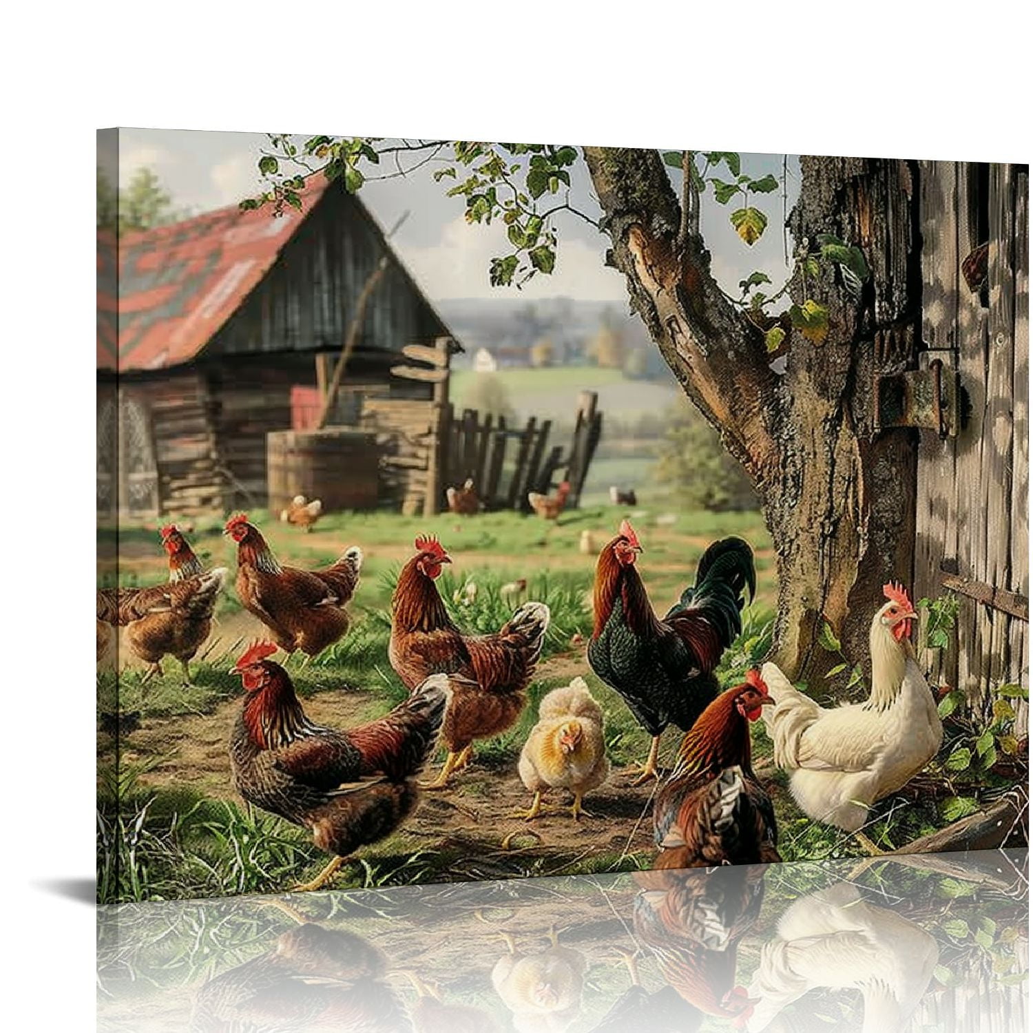 Framed Canvas Wall Art Funny Running Chicken and Chicken Coop Wall ...