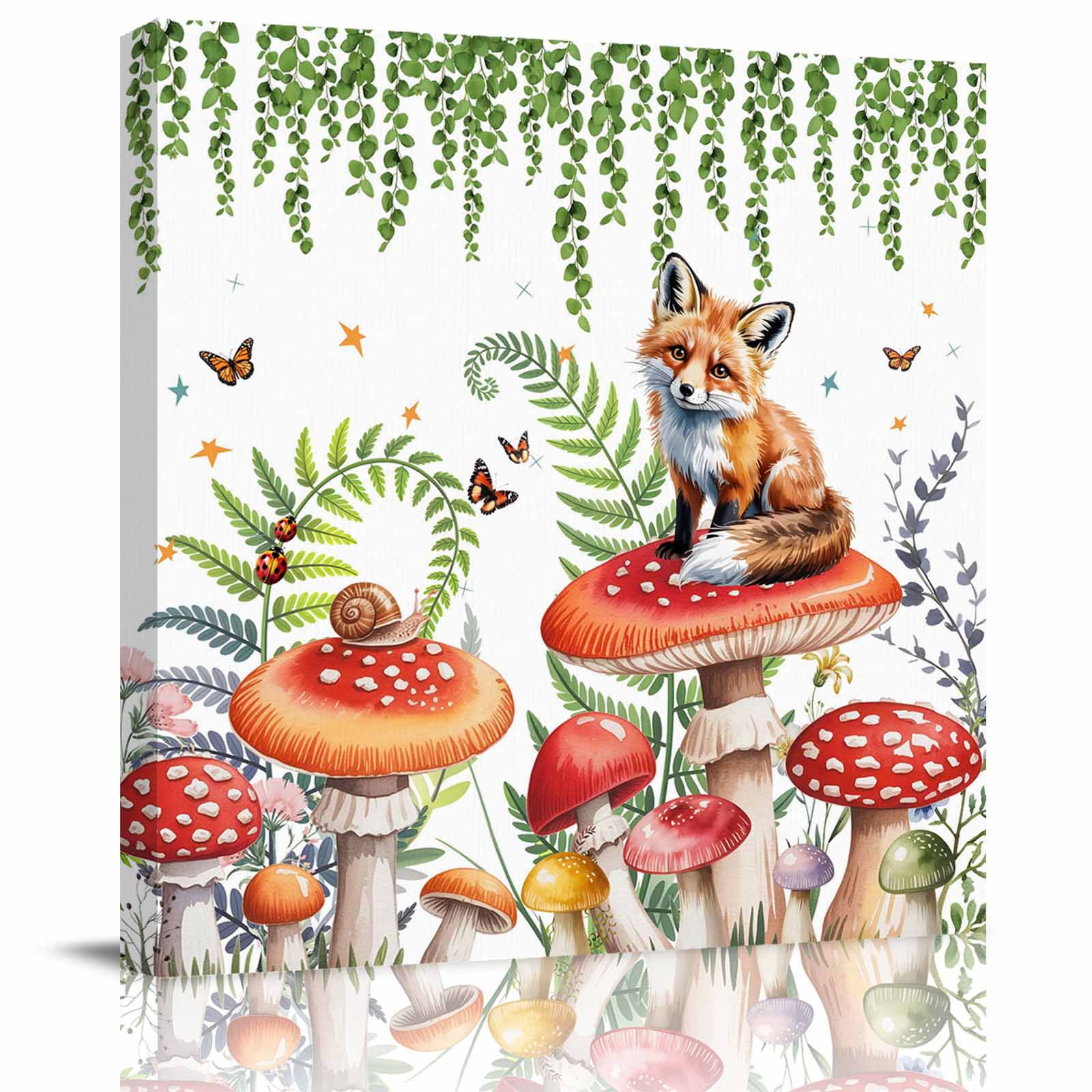 Framed Canvas Wall Art for Living Room Red Mushroom Fox Wall Decor ...