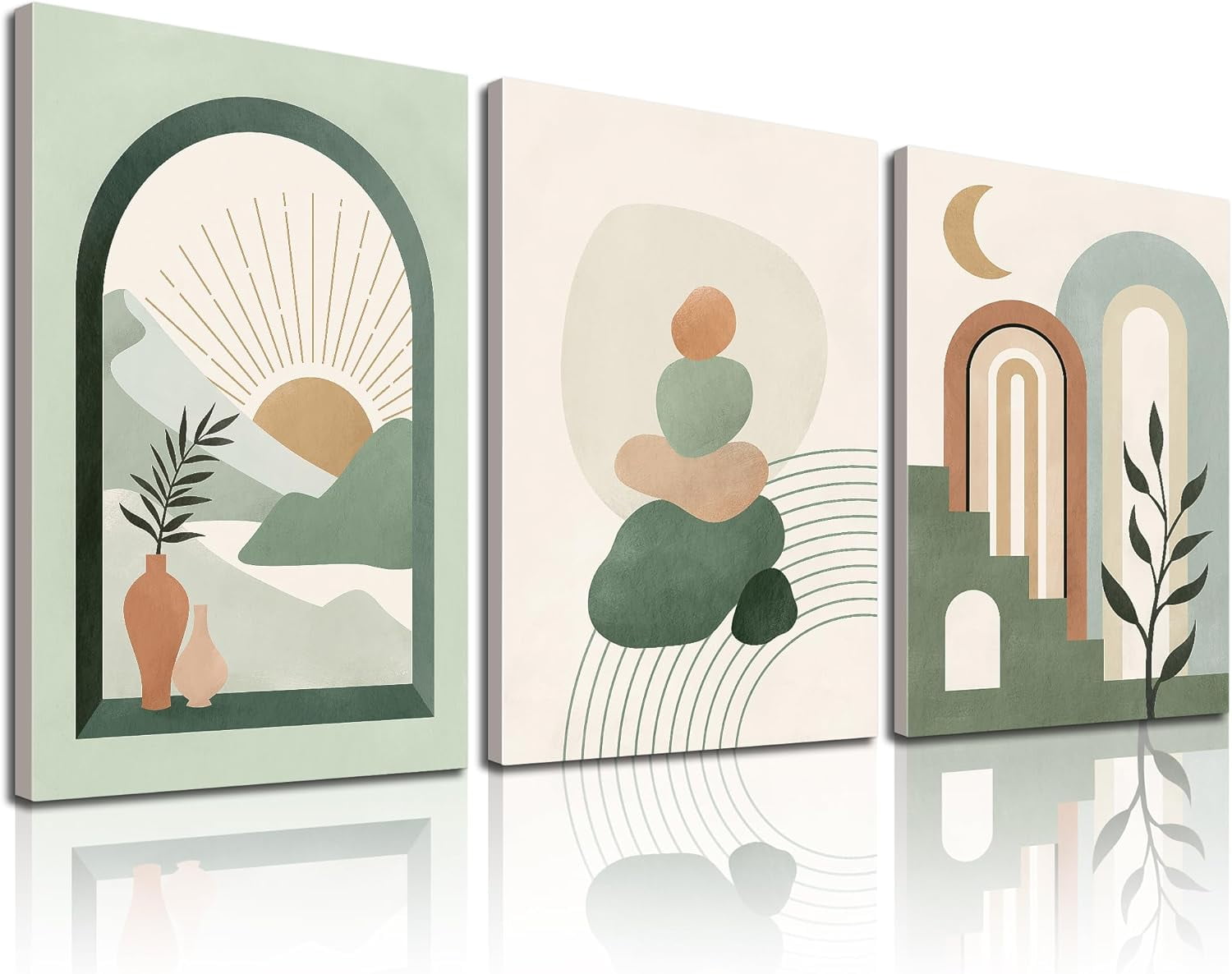 Framed Canvas Wall Art Prints, Boho Wall Decor, Mid Century Modern Wall Art Set of 3 Abstract ...