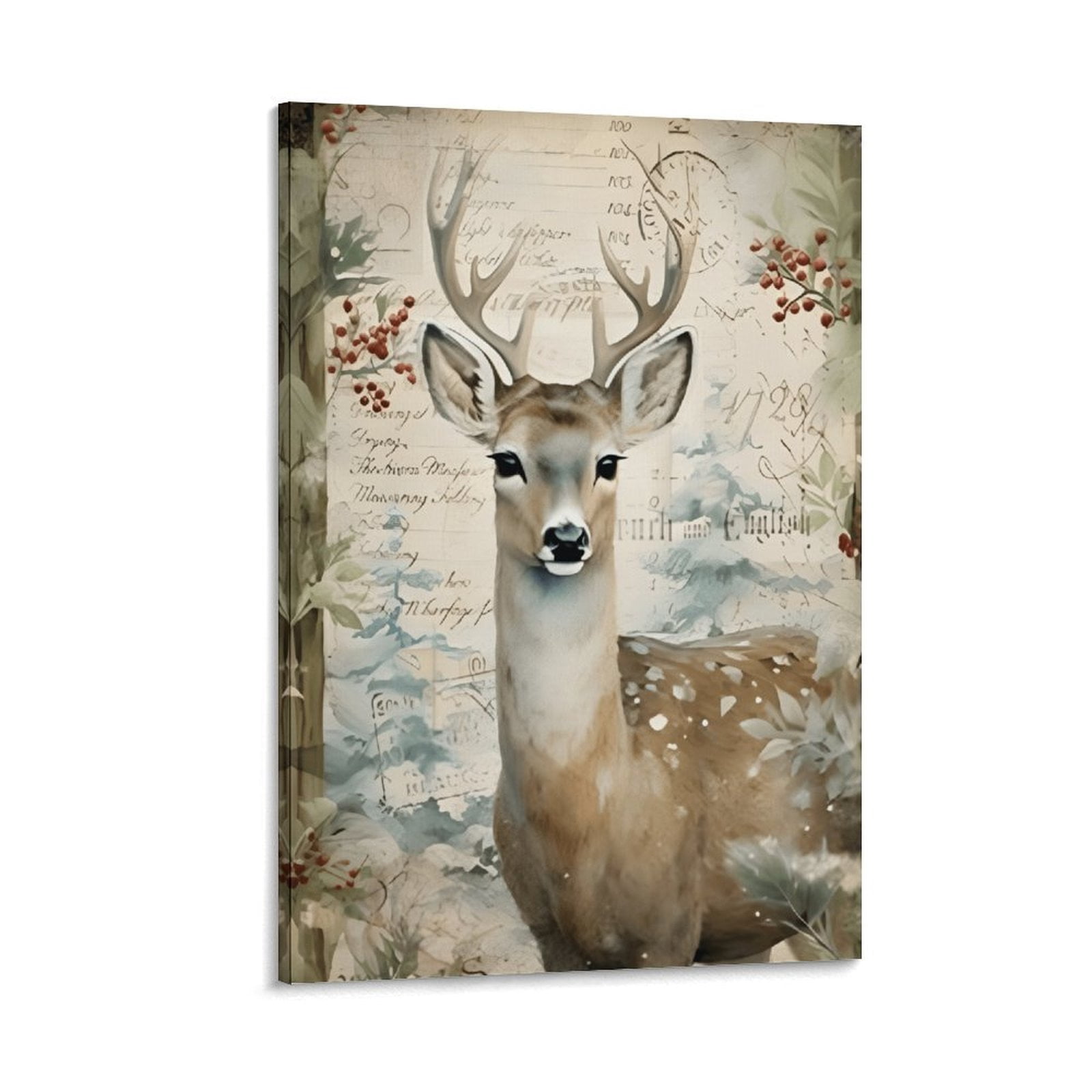 Framed Christmas Poster,Whitetail Deer Art Print with Vintage Map And ...