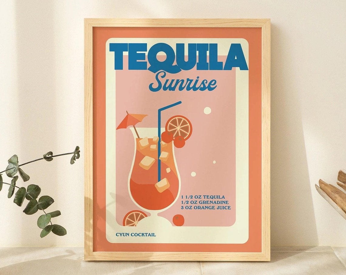 Framed Cocktail Recipe Print, Tequila Sunrise Poster, Alcohol Recipe ...