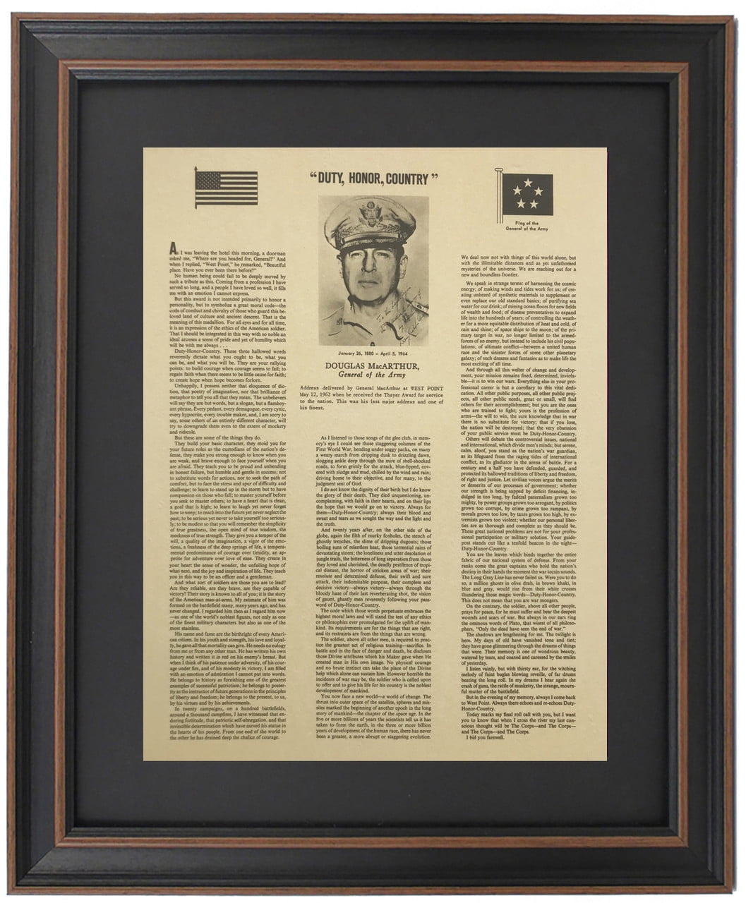 Framed Duty, Honor, Country Address by Douglas MacArthur. Parchment ...