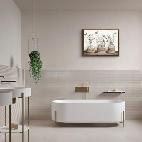 Framed Farmhouse Bathroom Wall Art Brown Rustic Cotton Flower Bathroom ...