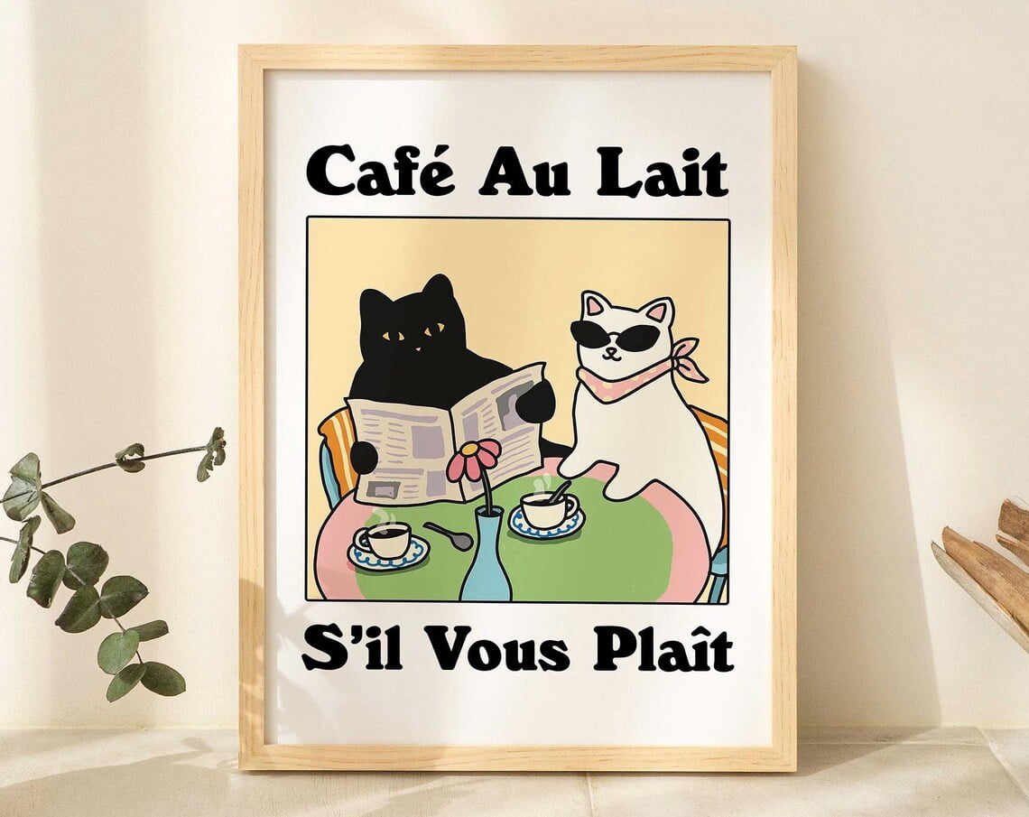 Framed French Cafe Au Lait Cat Print, Retro Drink Poster, Bistro Coffee ...