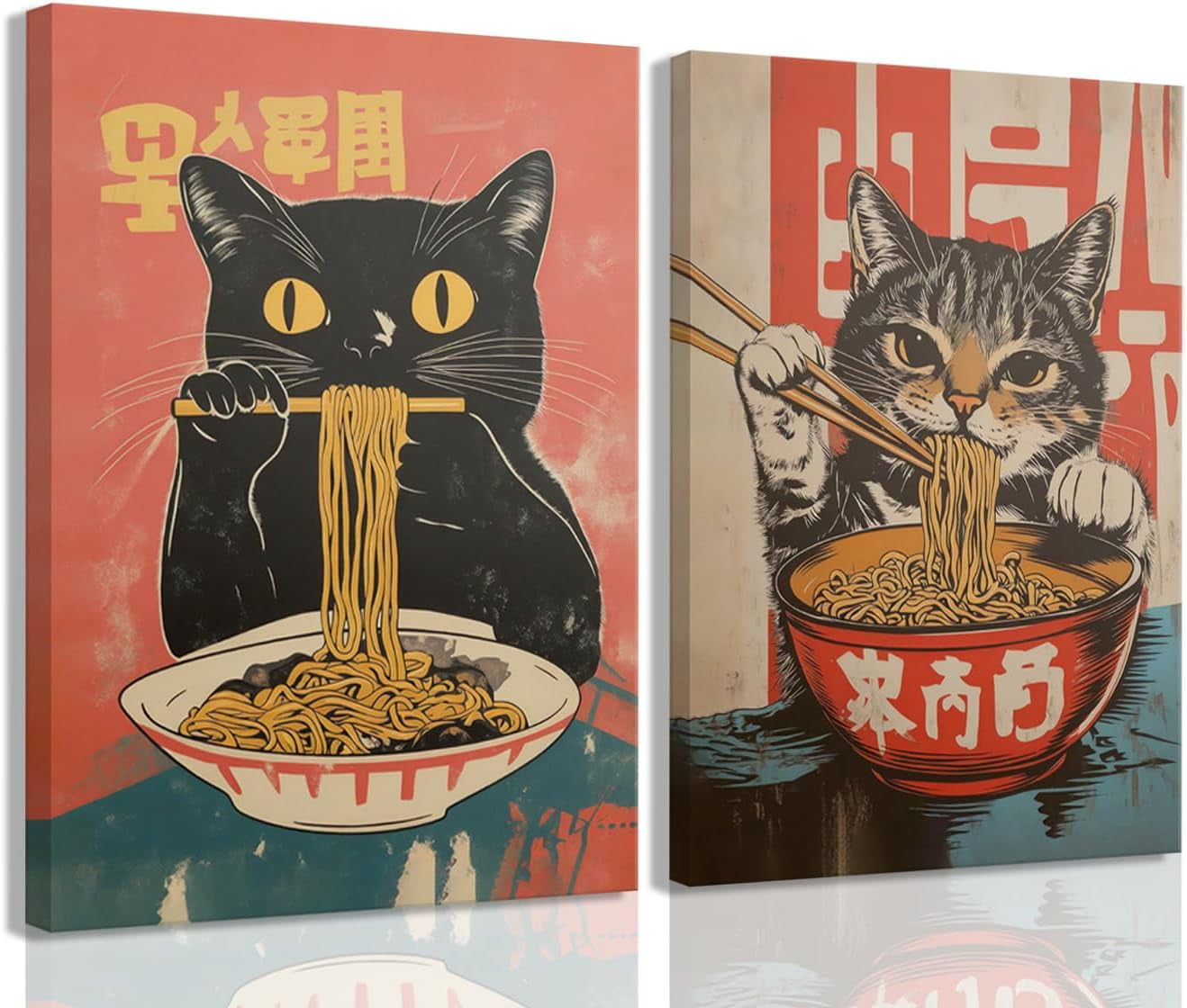 Framed Funny Black Cat Canvas Wall Art Set of 2, Vintage Japanese Cat ...