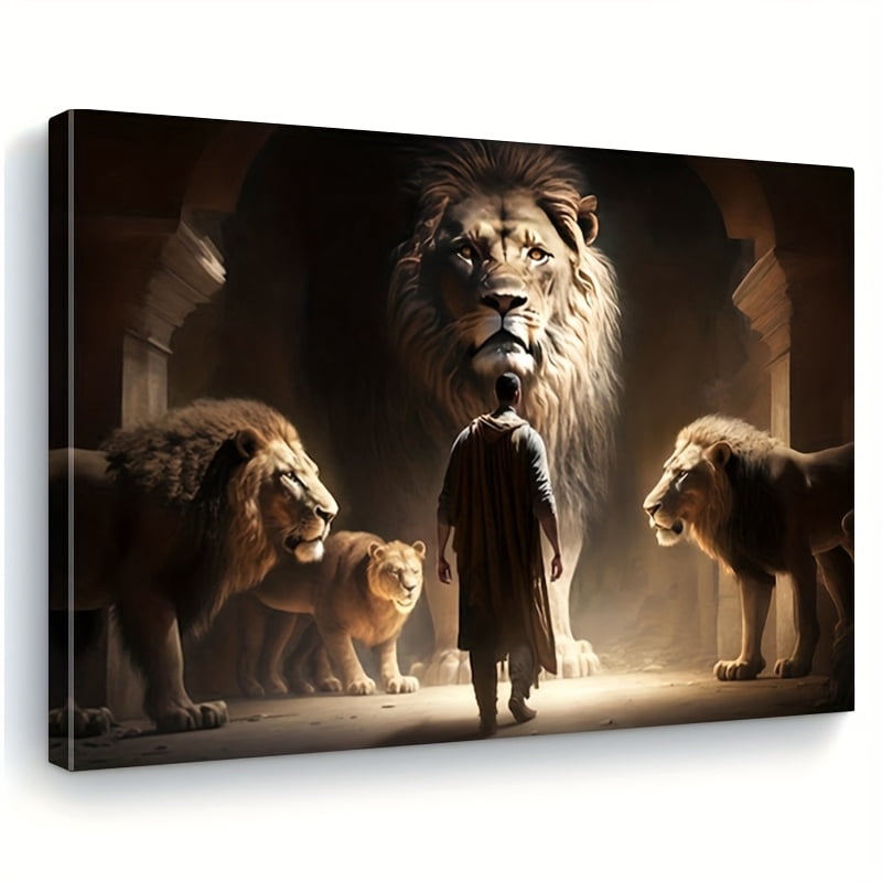 Framed Lion Cave Canvas Wall Art Print - Daniel in the Lion'S Den Scene ...