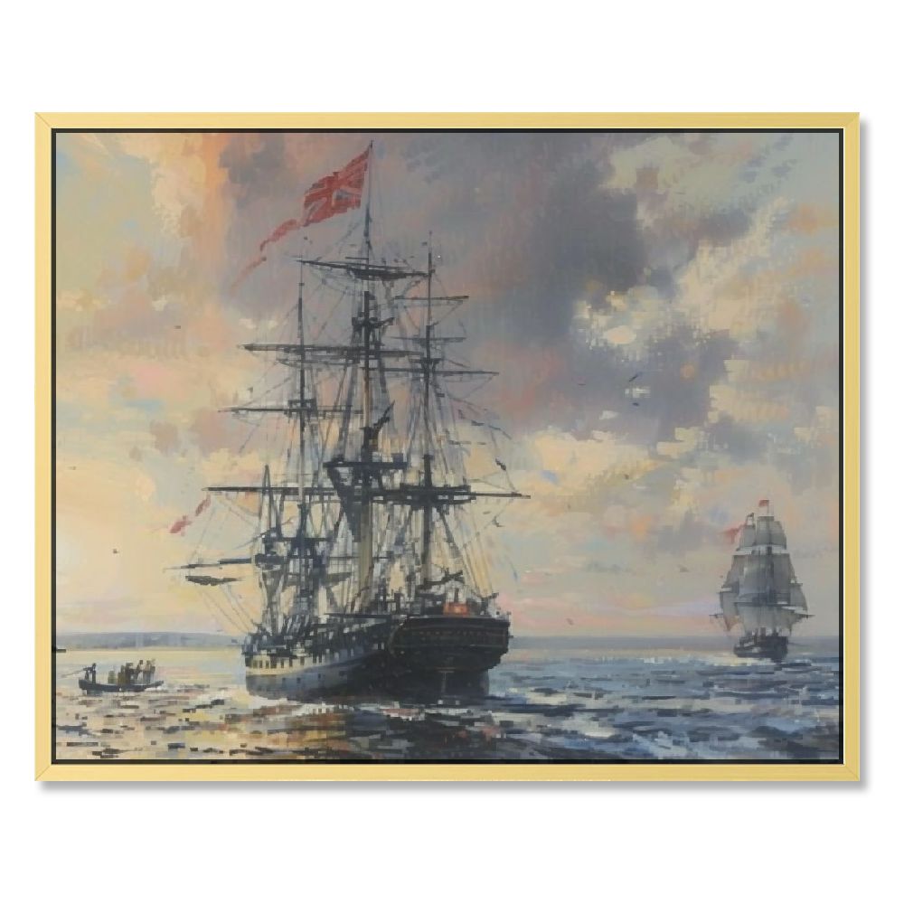 Framed Maritime Voyage Canvas Wall Art - Nautical Seascape Oil Painting ...