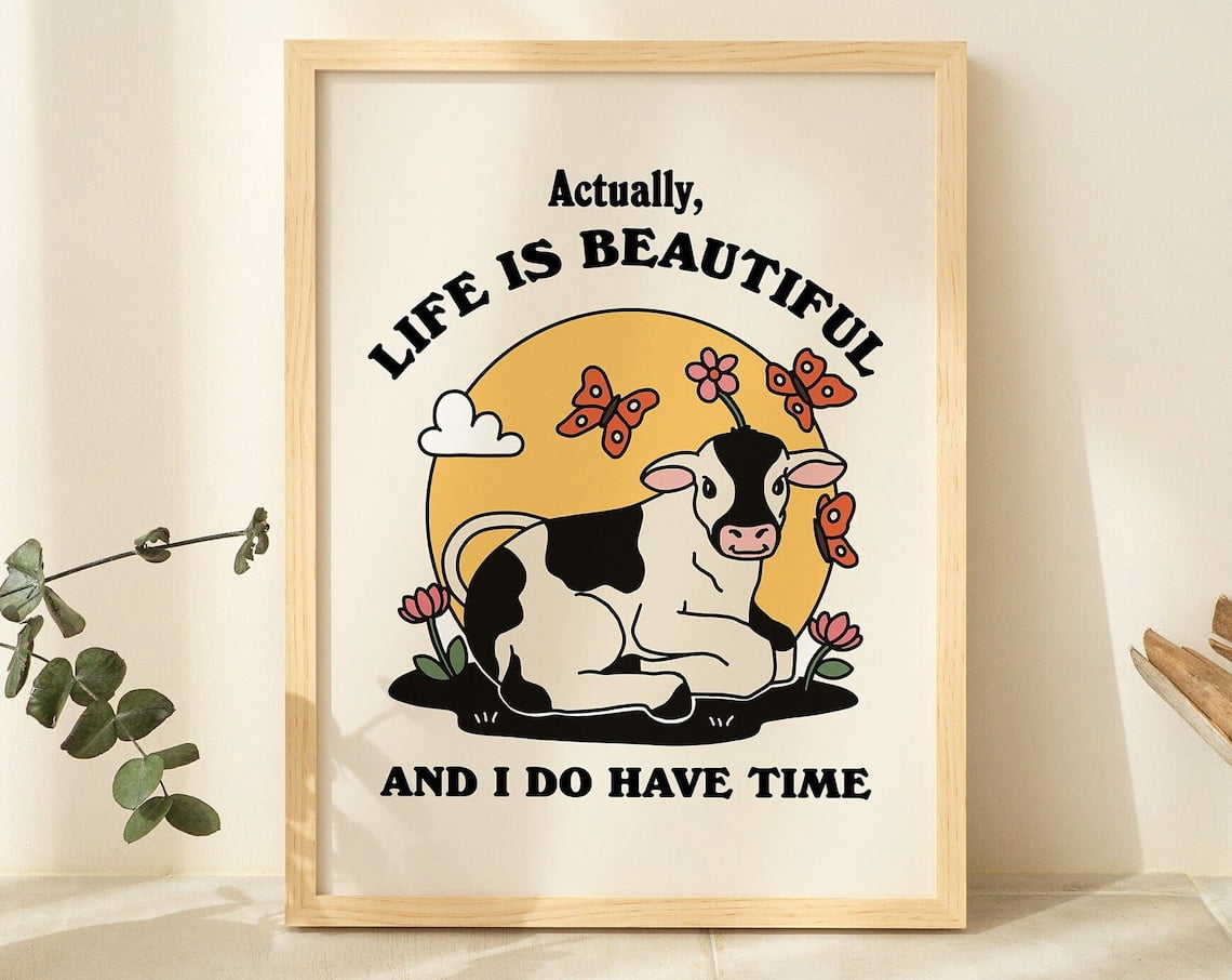 Framed Retro Cow Butterfly Print, Life Is Beautiful Vintage Style ...