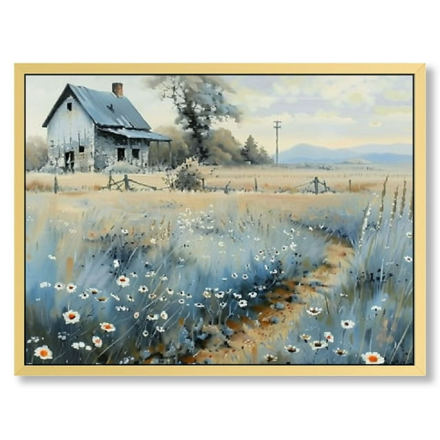 Framed Rustic Farmhouse Canvas Wall Art Beautiful Field Painting ...