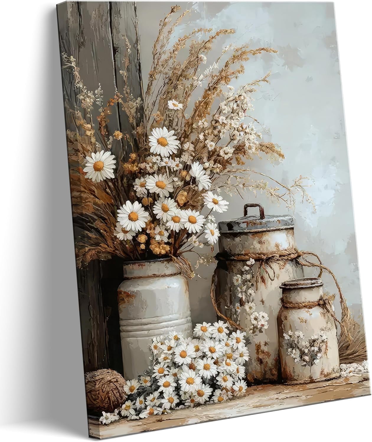 Framed Rustic Farmhouse Daisy Canvas Wall Art - Vintage Country Floral ...
