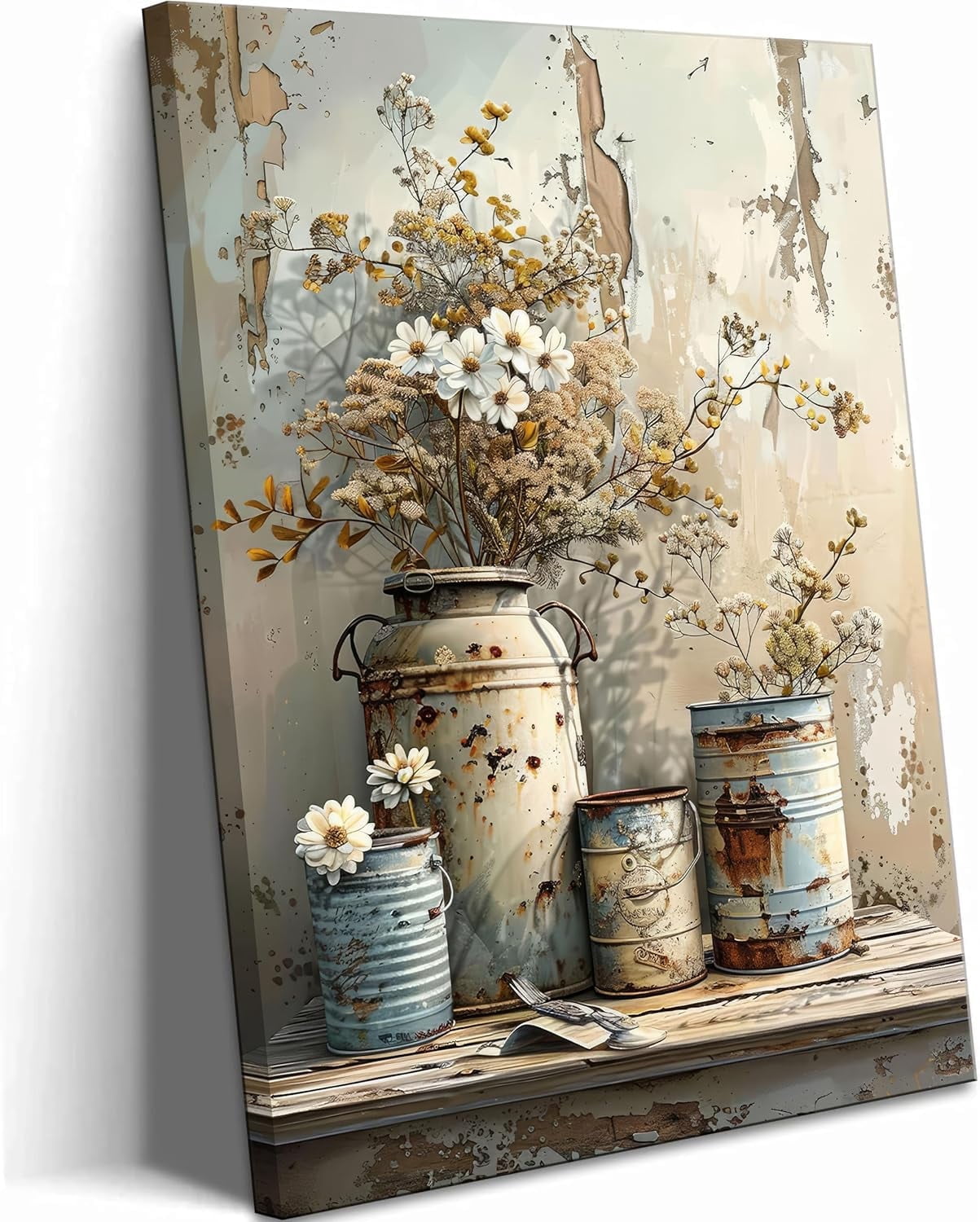 Framed Rustic Farmhouse Daisy Canvas Wall Art - Vintage Country Floral ...