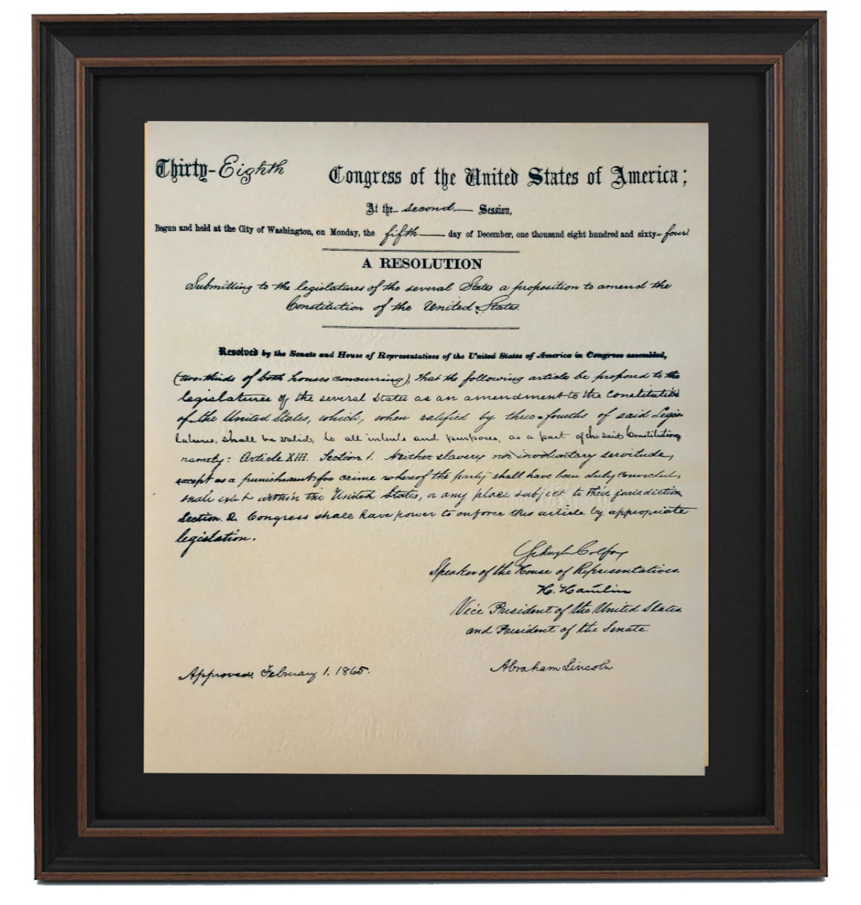 Framed Thirteenth Amendment to the United States Constitution. Replica ...