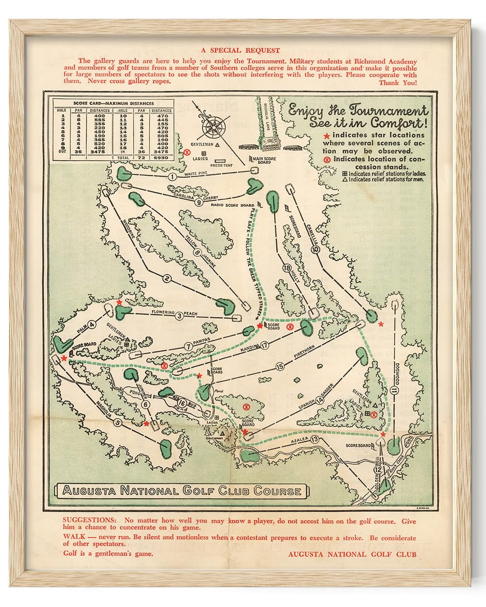 Framed Vintage Augusta National Wall Art Course Map 1954 Golf Decor ...