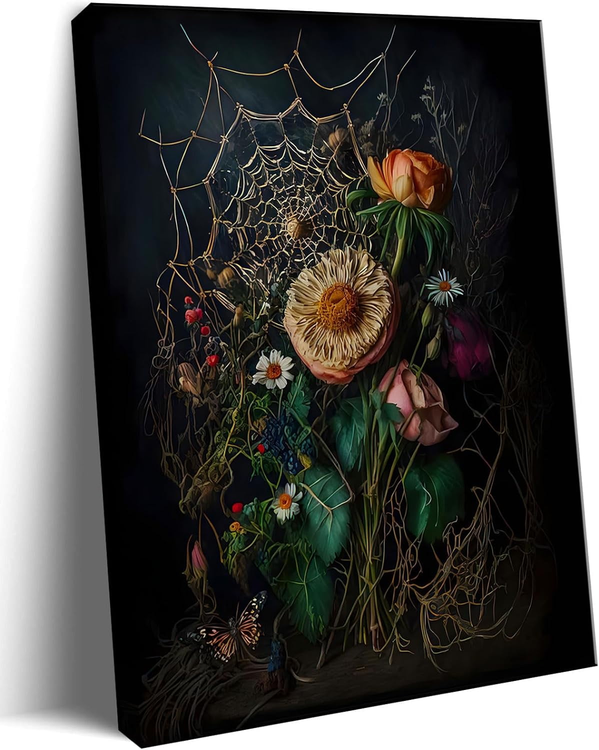 Framed Vintage Botanical Floral Spiderweb Canvas Moody Wall Art Prints ...