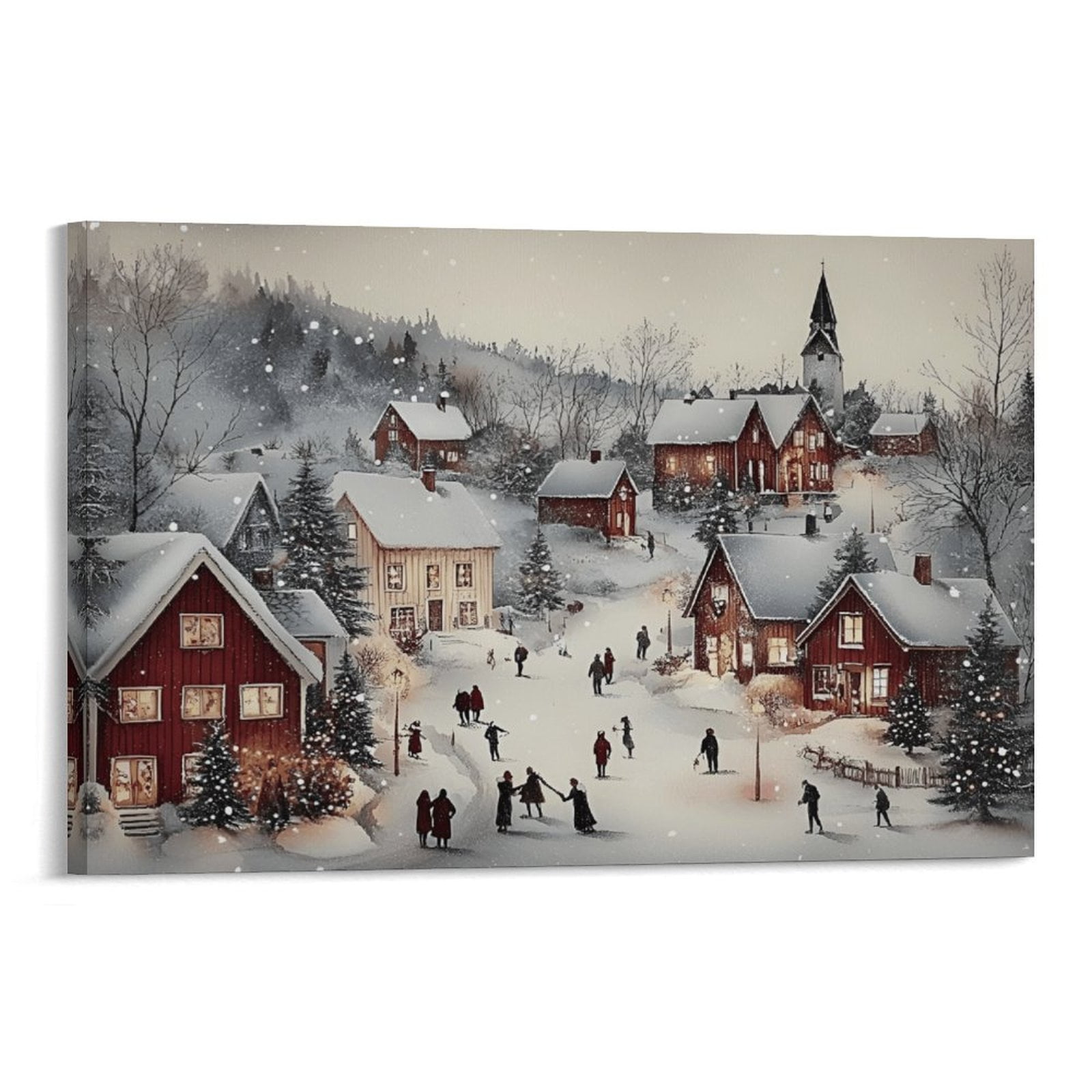 Framed Vintage Christmas Print, Winter Village Art Print, Snowy ...