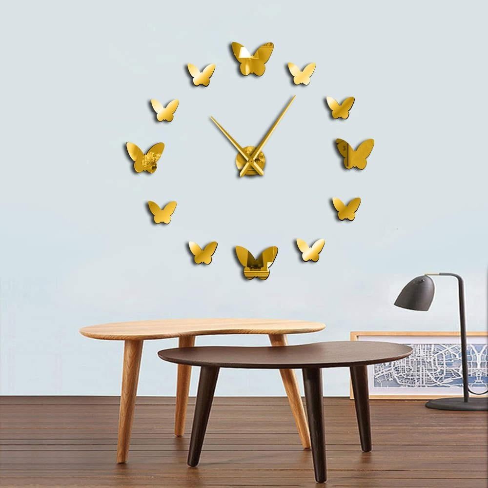 Frameless DIY Wall Clock 3D Mirror Butterflies Wall Watch Large Wall ...